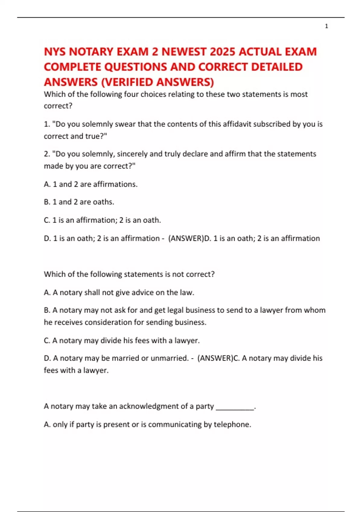 NYS NOTARY EXAM 2 NEWEST 2025 ACTUAL EXAM COMPLETE QUESTIONS AND ...