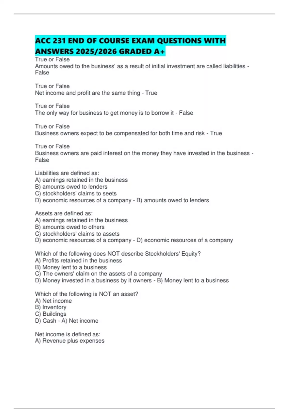 ACC 231 END OF COURSE EXAM QUESTIONS WITH ANSWERS 2025/2026 GRADED A+ - ACC 231 - Stuvia US