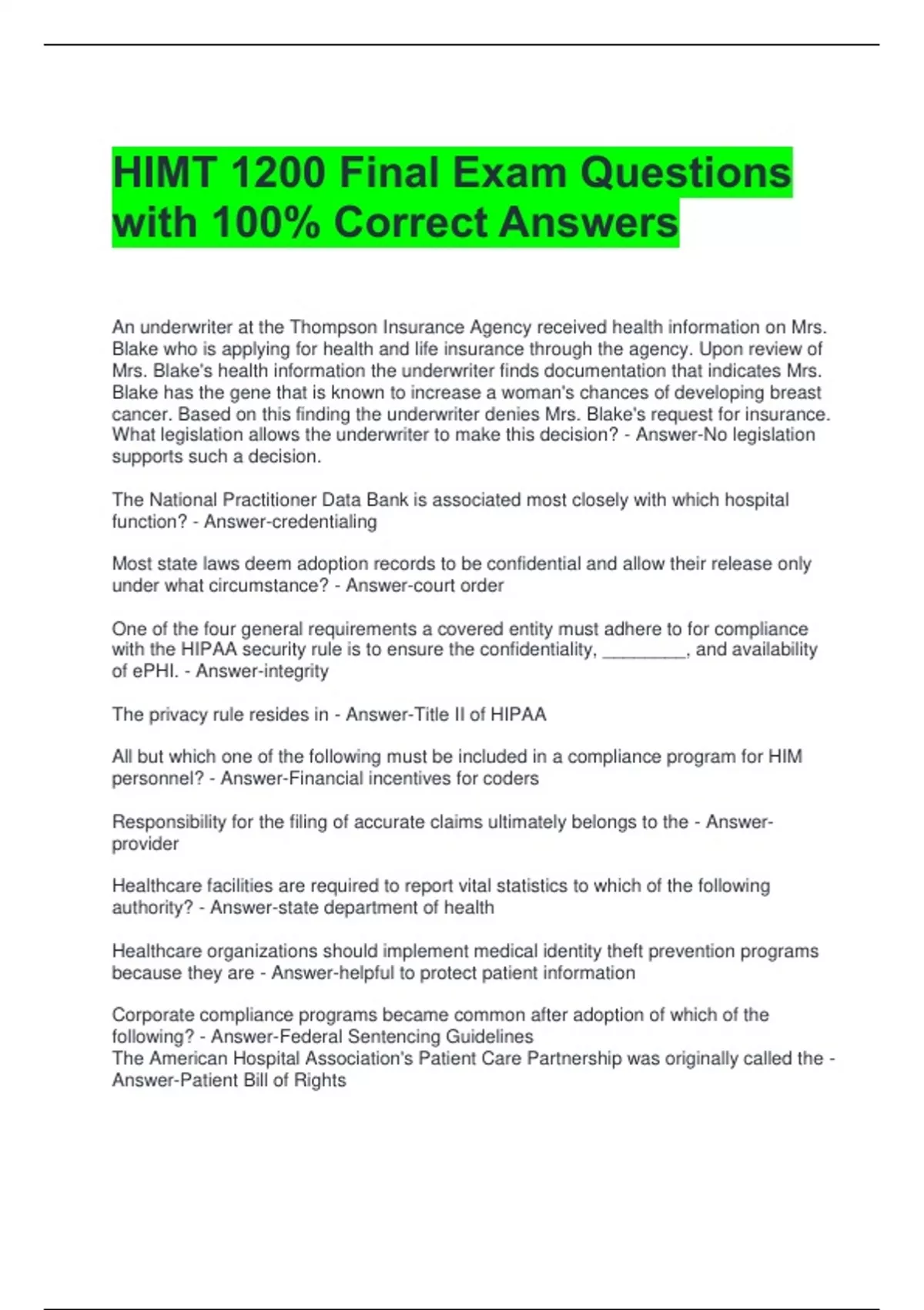 HIMT 1200 Final Exam Questions with 100% Correct Answers - HIMT 1200 ...