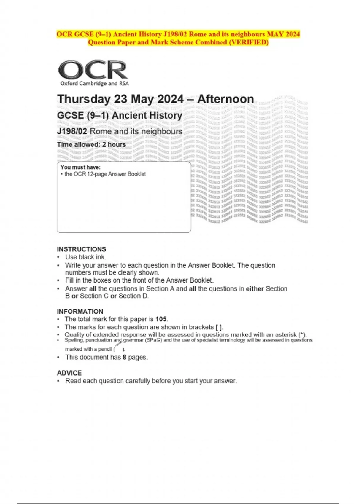 2024 OCR GCSE (9–1) Ancient History J198/02 Rome and its neighbours MAY ...