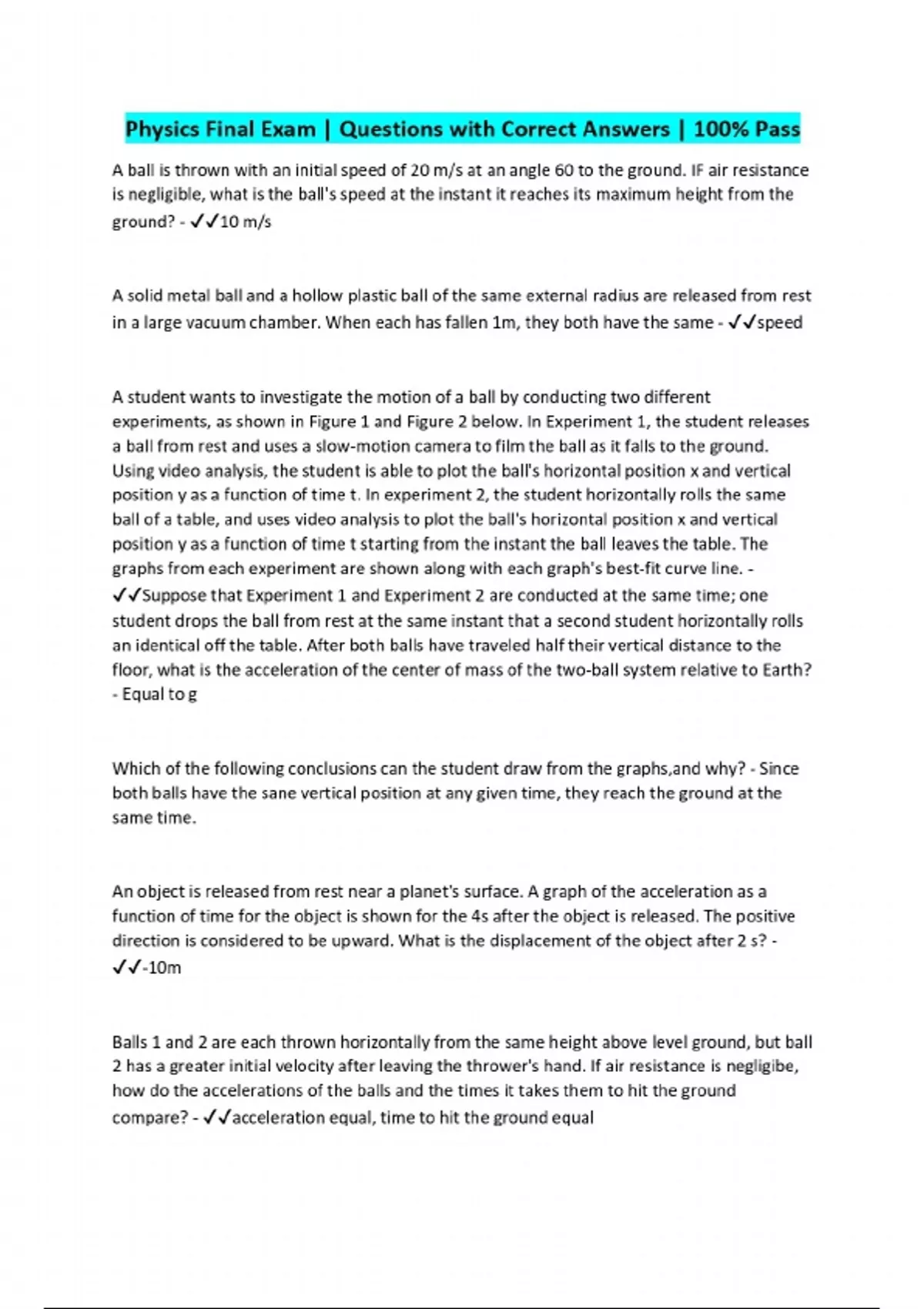 Physics Final Exam | Questions with Correct Answers | 100% Pass ...