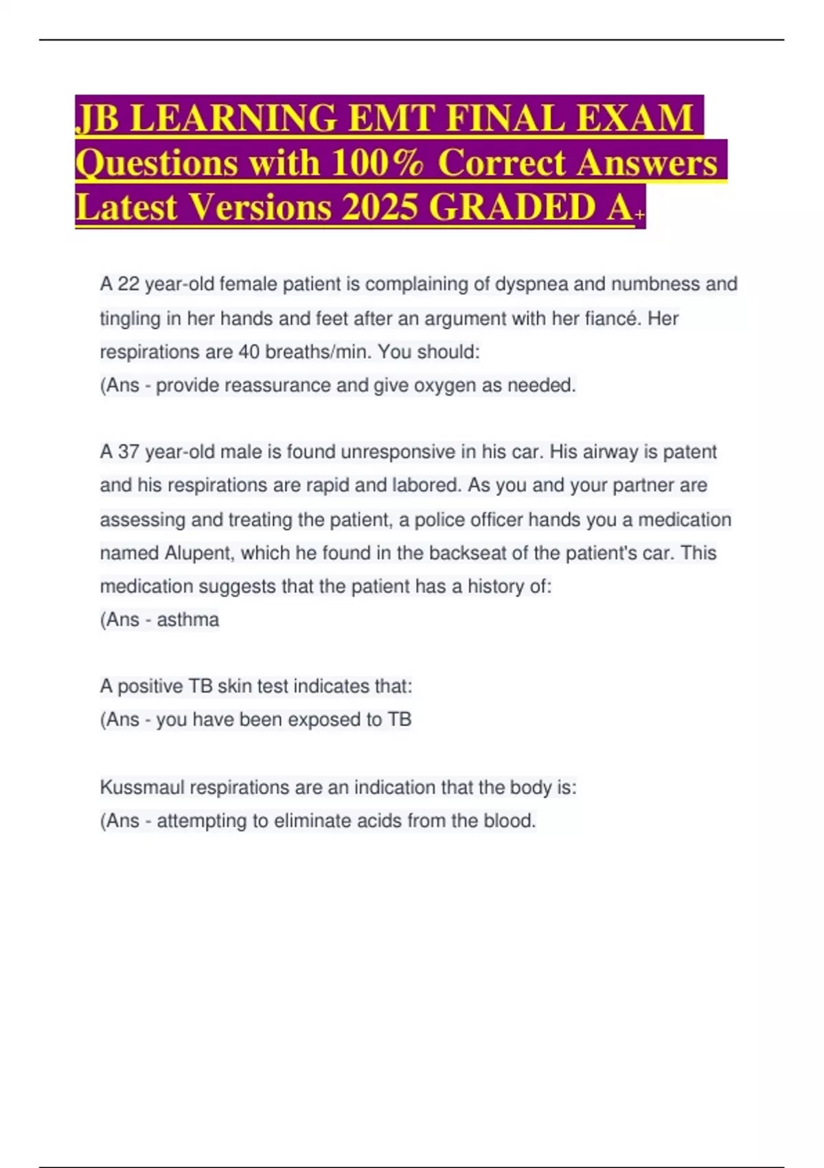 JB LEARNING EMT FINAL EXAM Questions with 100- Correct Answers Latest ...