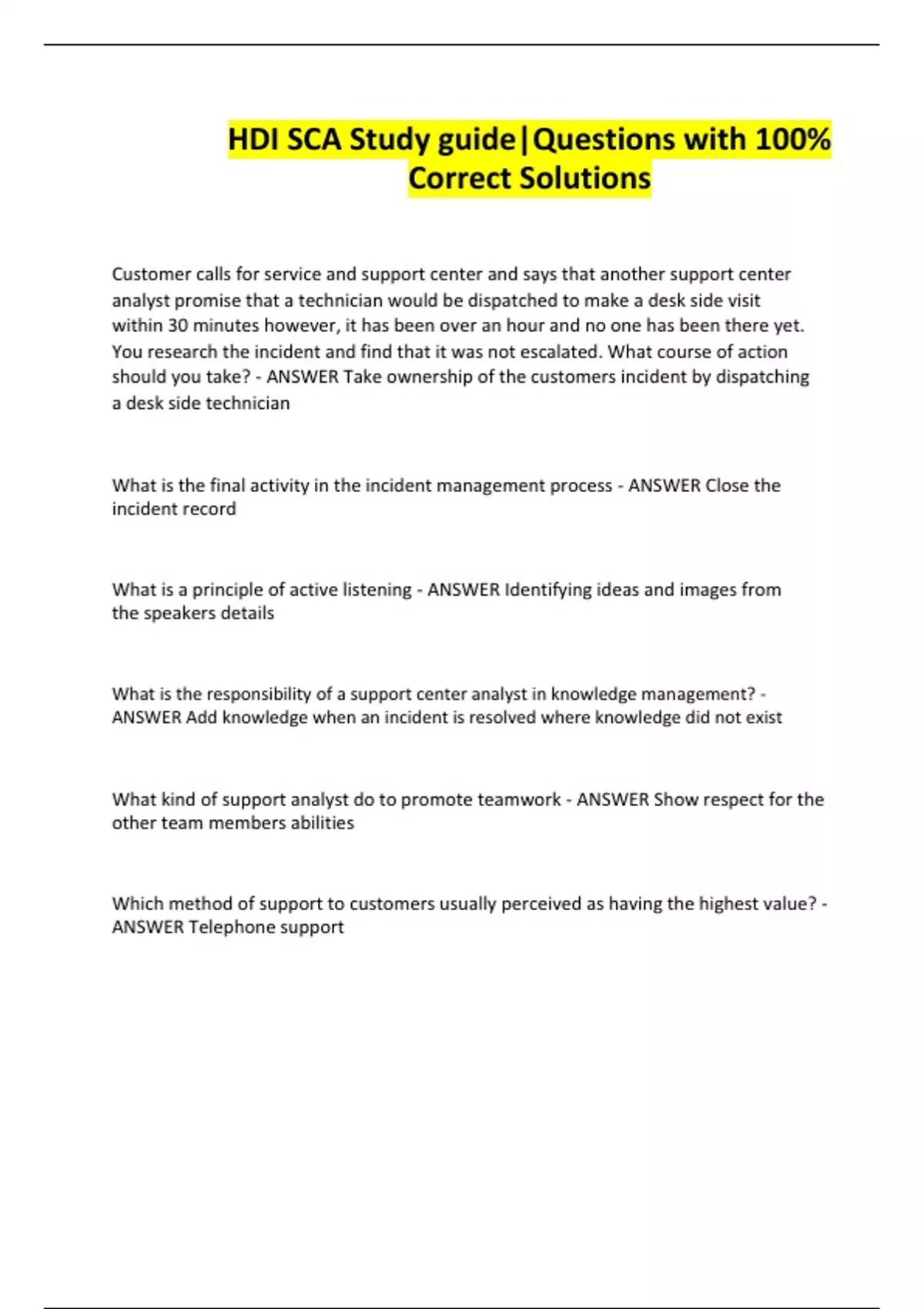 HDI SCA Study guide|Questions with 100% Correct Solutions - HDI - Stuvia US