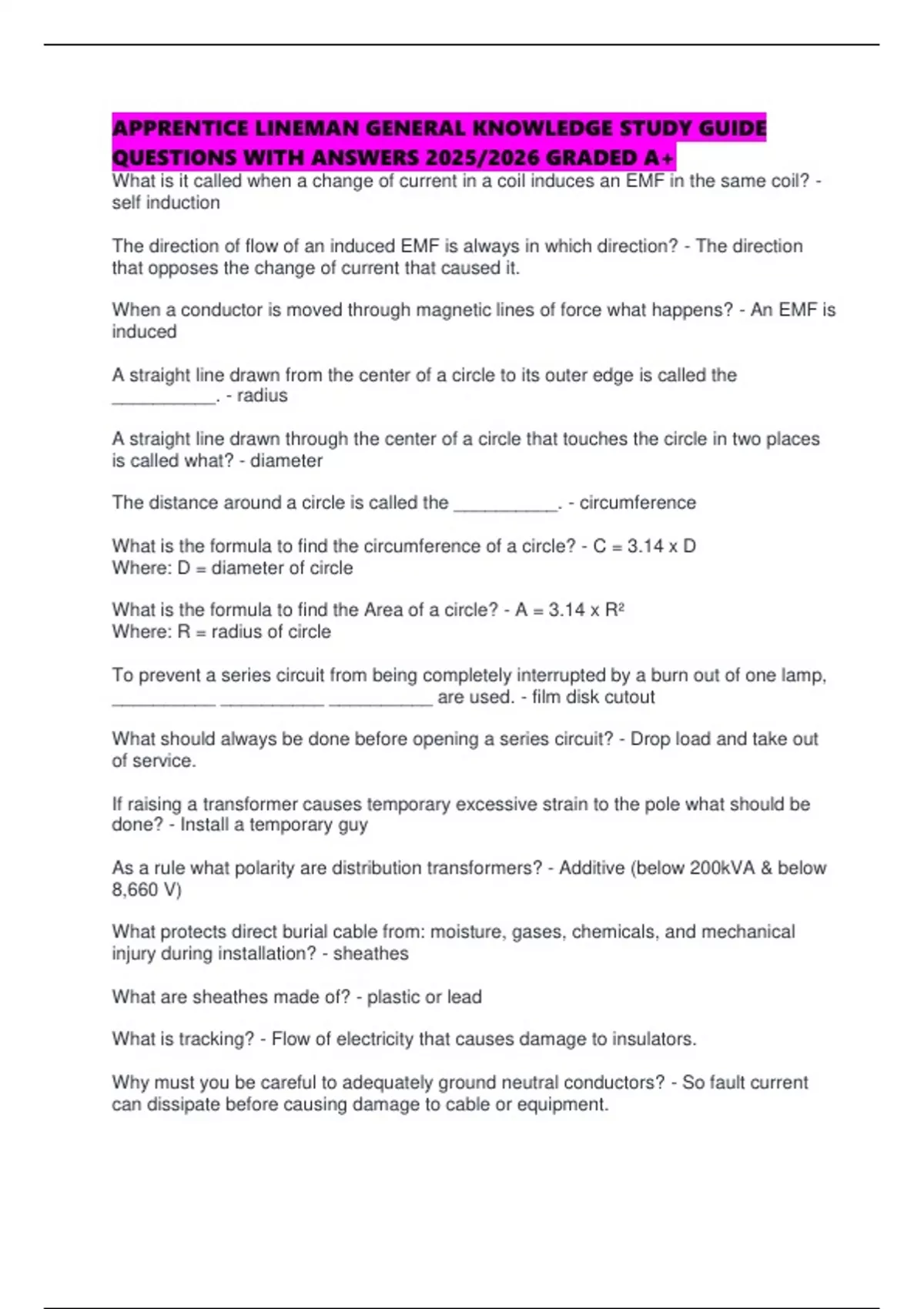 APPRENTICE LINEMAN GENERAL KNOWLEDGE STUDY GUIDE QUESTIONS WITH ANSWERS 2025/2026 GRADED A+ ...
