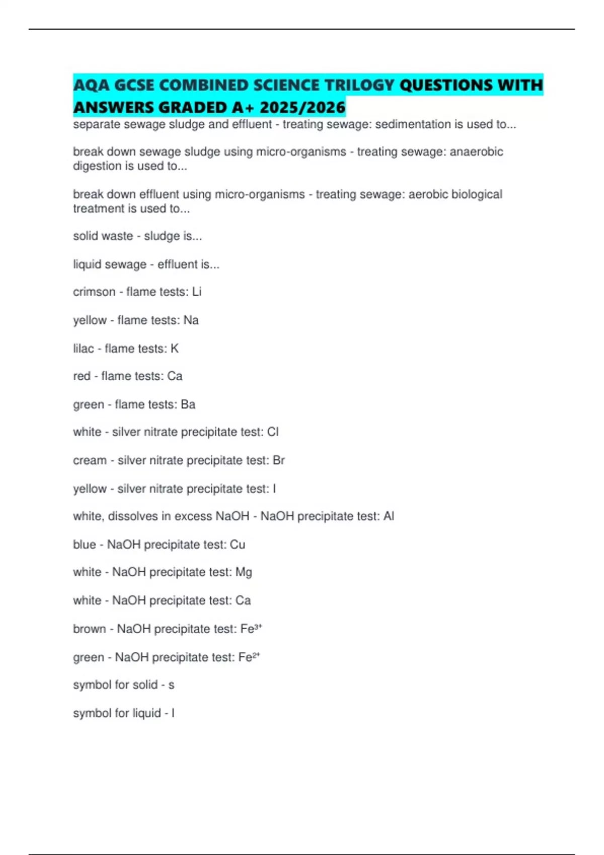 AQA GCSE COMBINED SCIENCE TRILOGY QUESTIONS WITH ANSWERS GRADED A+ 2025 ...