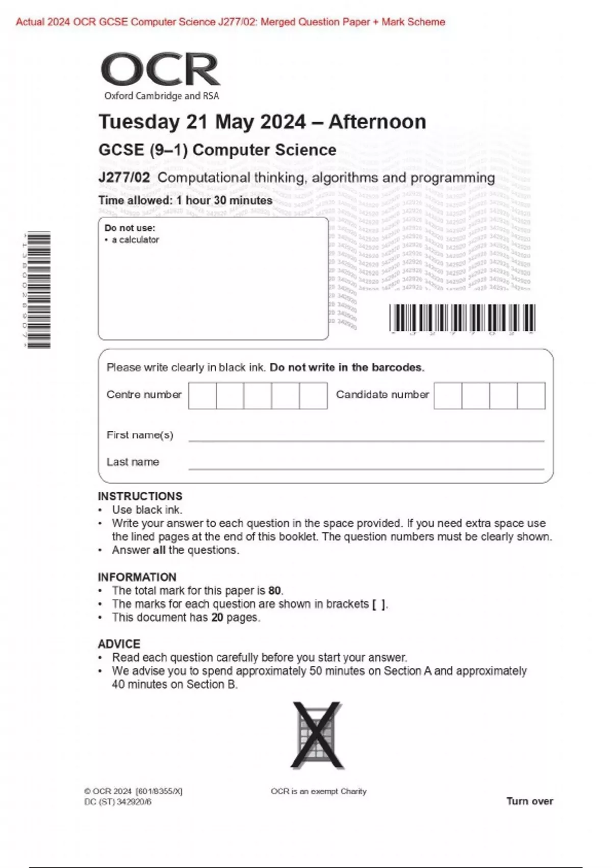Actual 2024 OCR GCSE Computer Science J277/02: Computational thinking, algorithms and ...