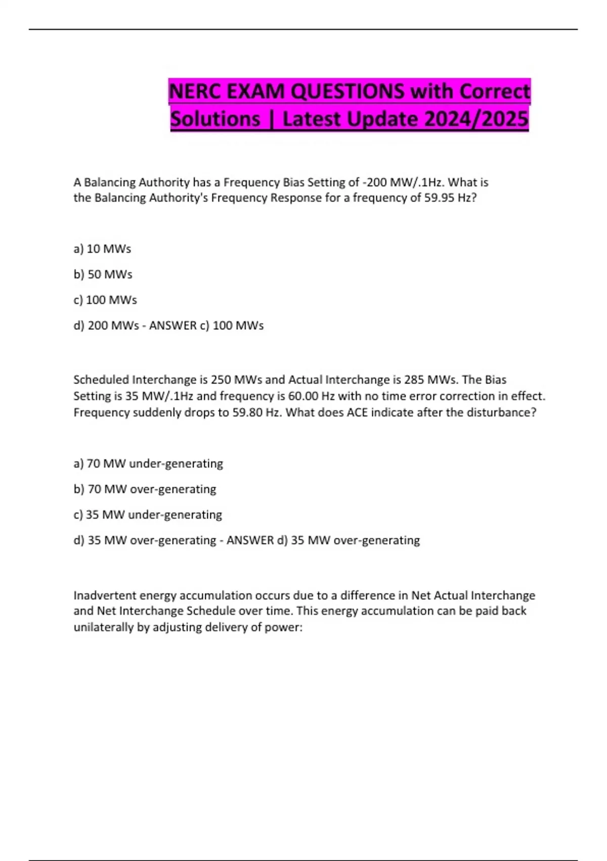 NERC EXAM QUESTIONS with Correct Solutions | Latest Update 2024/2025 ...