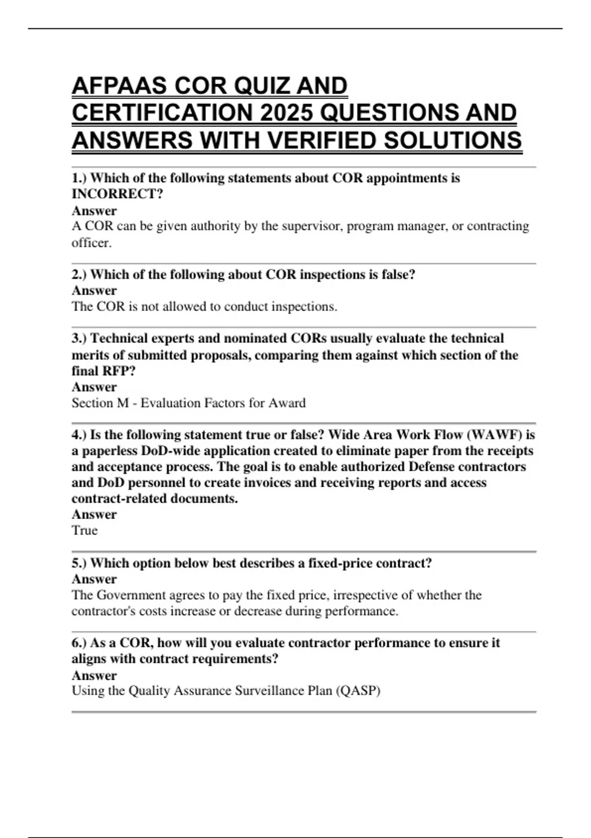 AFPAAS COR QUIZ AND CERTIFICATION 2025 QUESTIONS AND ANSWERS WITH ...