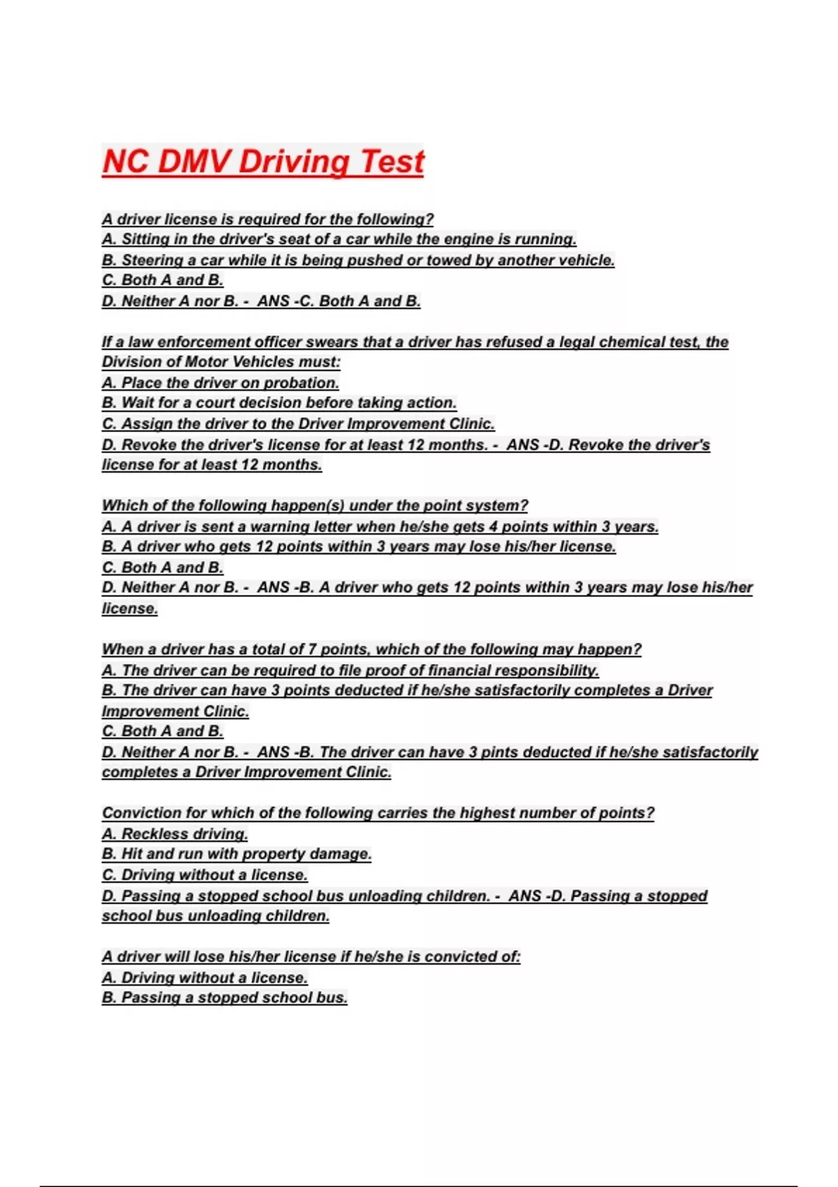 NC DMV Driving Test Questions and Answers 2025/2026( A+ GRADED 100% ...