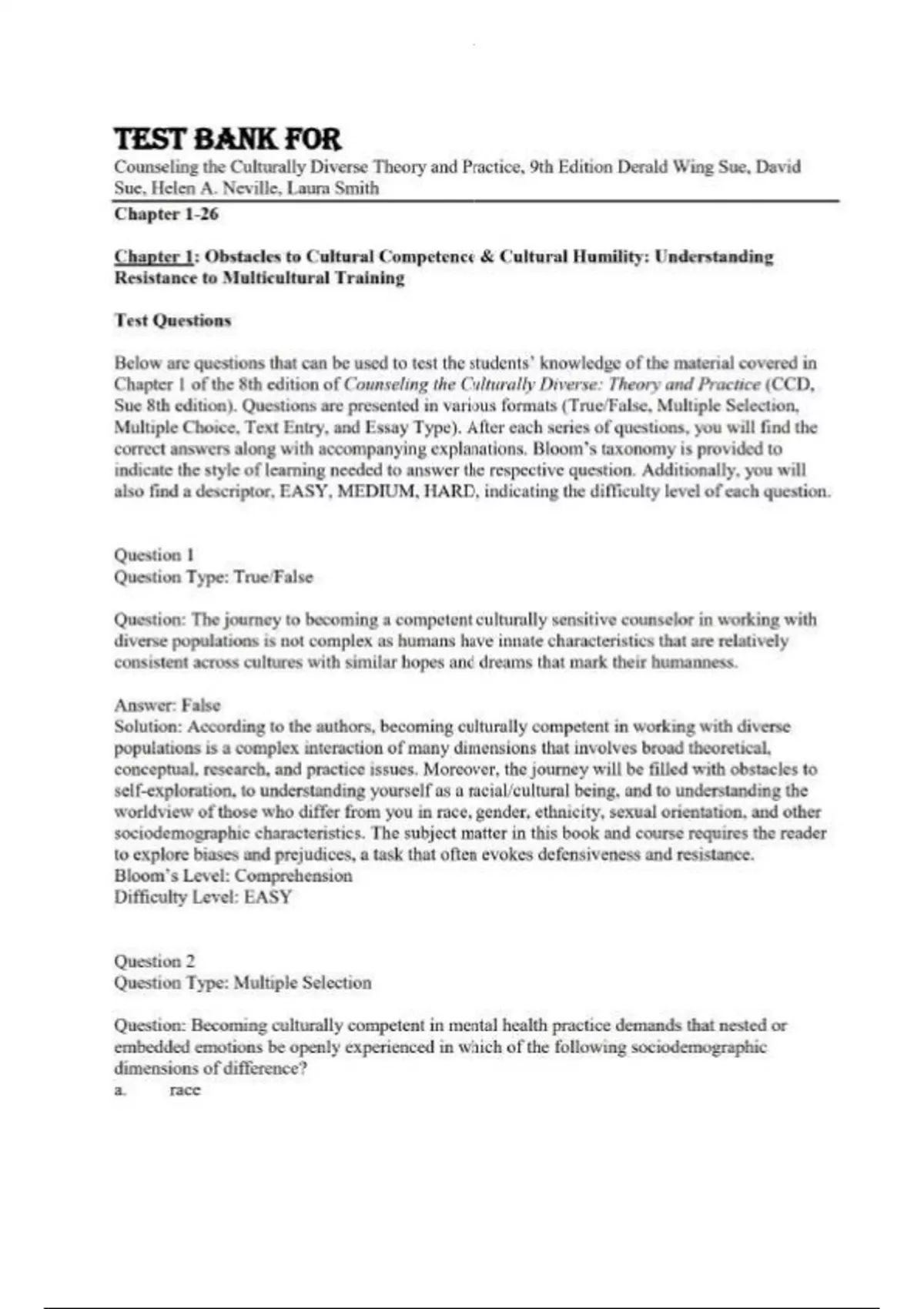 Test Bank For Counseling the Culturally Diverse Theory and Practice ...