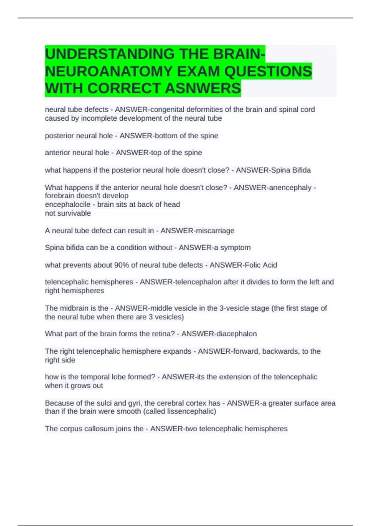UNDERSTANDING THE BRAIN- NEUROANATOMY EXAM QUESTIONS WITH CORRECT ...