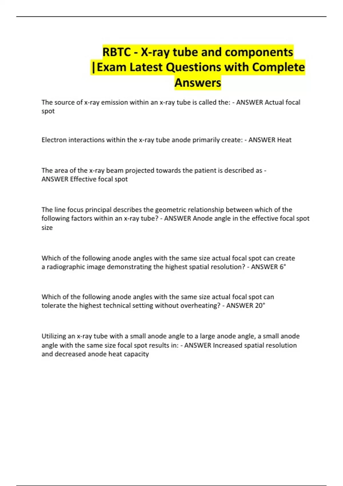 RBTC - X-ray tube and components |Exam Latest Questions with Complete ...