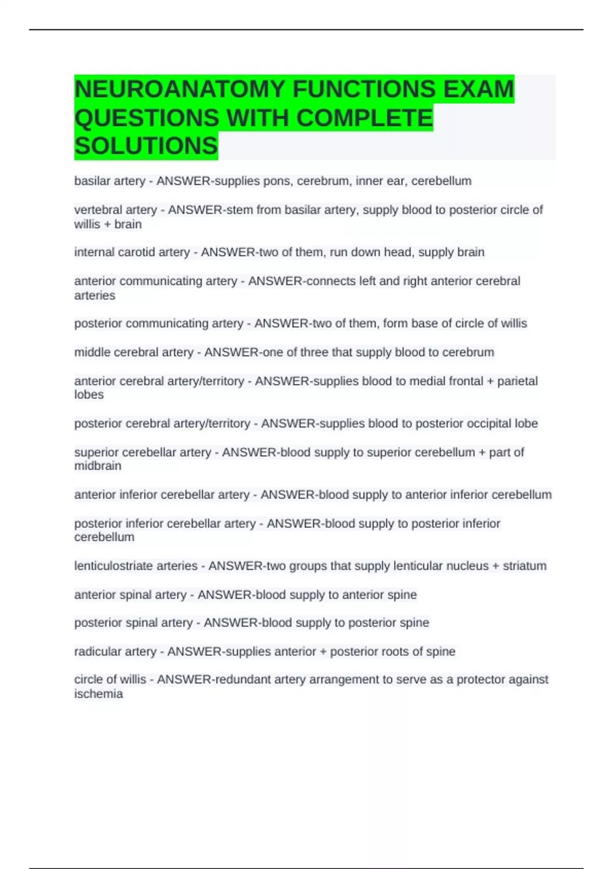 NEUROANATOMY FUNCTIONS EXAM QUESTIONS WITH COMPLETE SOLUTIONS ...