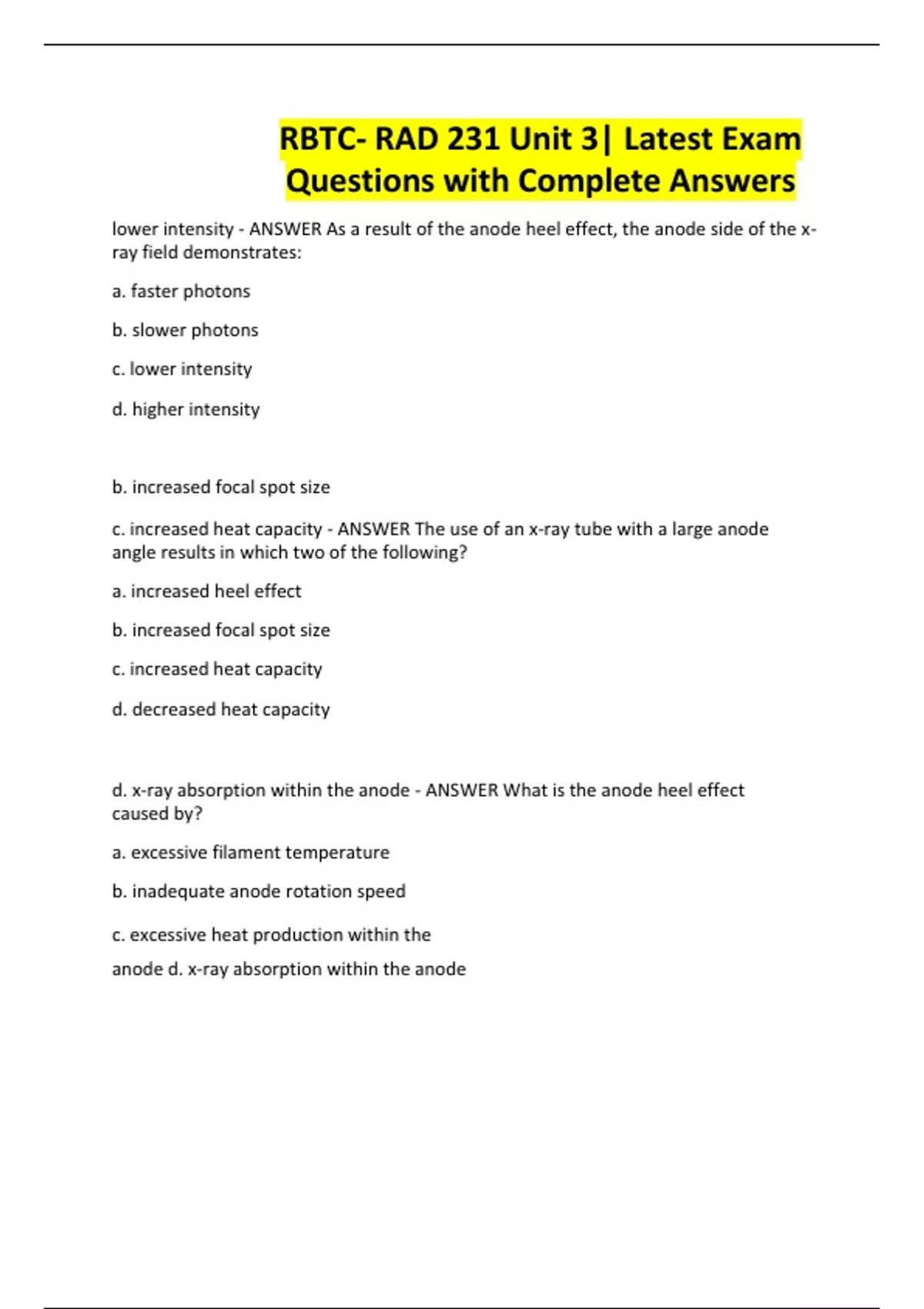 RBTC- RAD 231 Unit 3| Latest Exam Questions with Complete Answers ...