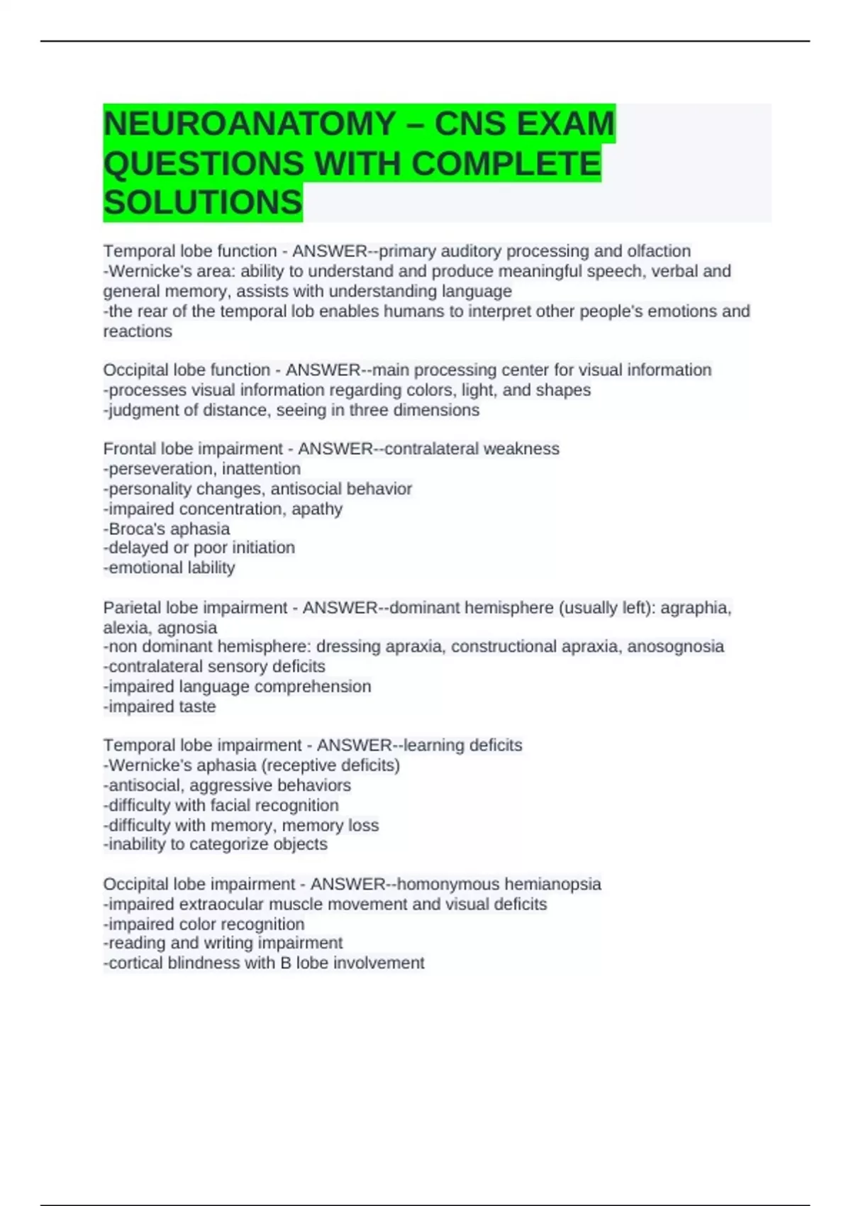 NEUROANATOMY – CNS EXAM QUESTIONS WITH COMPLETE SOLUTIONS ...