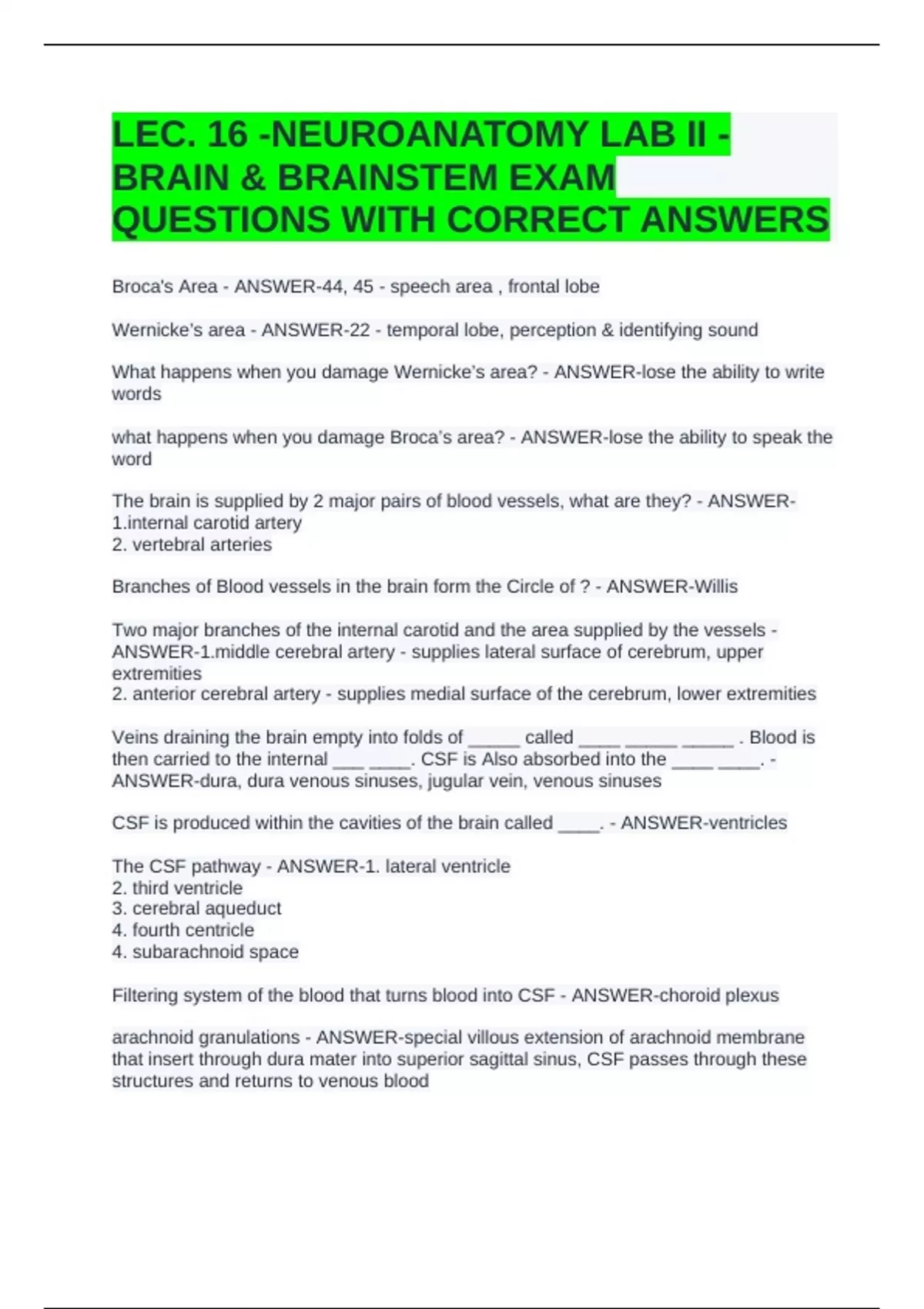 LEC. 16 -NEUROANATOMY LAB II - BRAIN & BRAINSTEM EXAM QUESTIONS WITH CORRECT ANSWERS ...