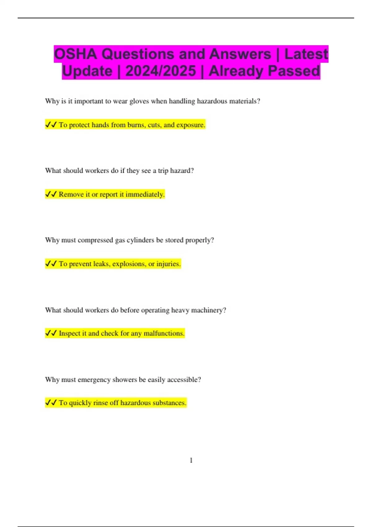 OSHA Questions and Answers | Latest Update | 2024/2025 | Already Passed ...