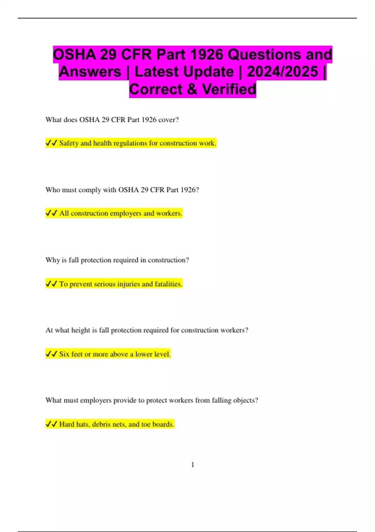 OSHA 29 CFR Part 1926 Questions and Answers | Latest Update | 2024/2025 ...