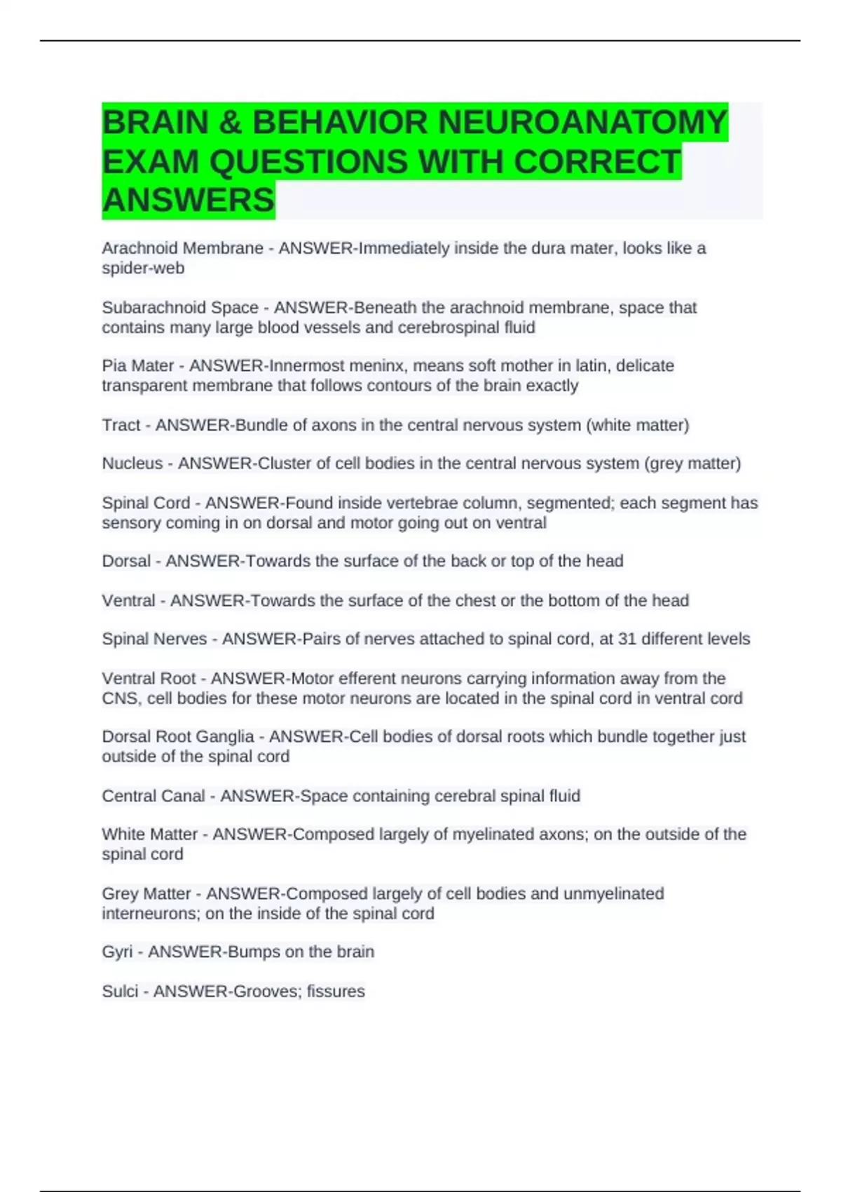 BRAIN & BEHAVIOR NEUROANATOMY EXAM QUESTIONS WITH CORRECT ANSWERS ...