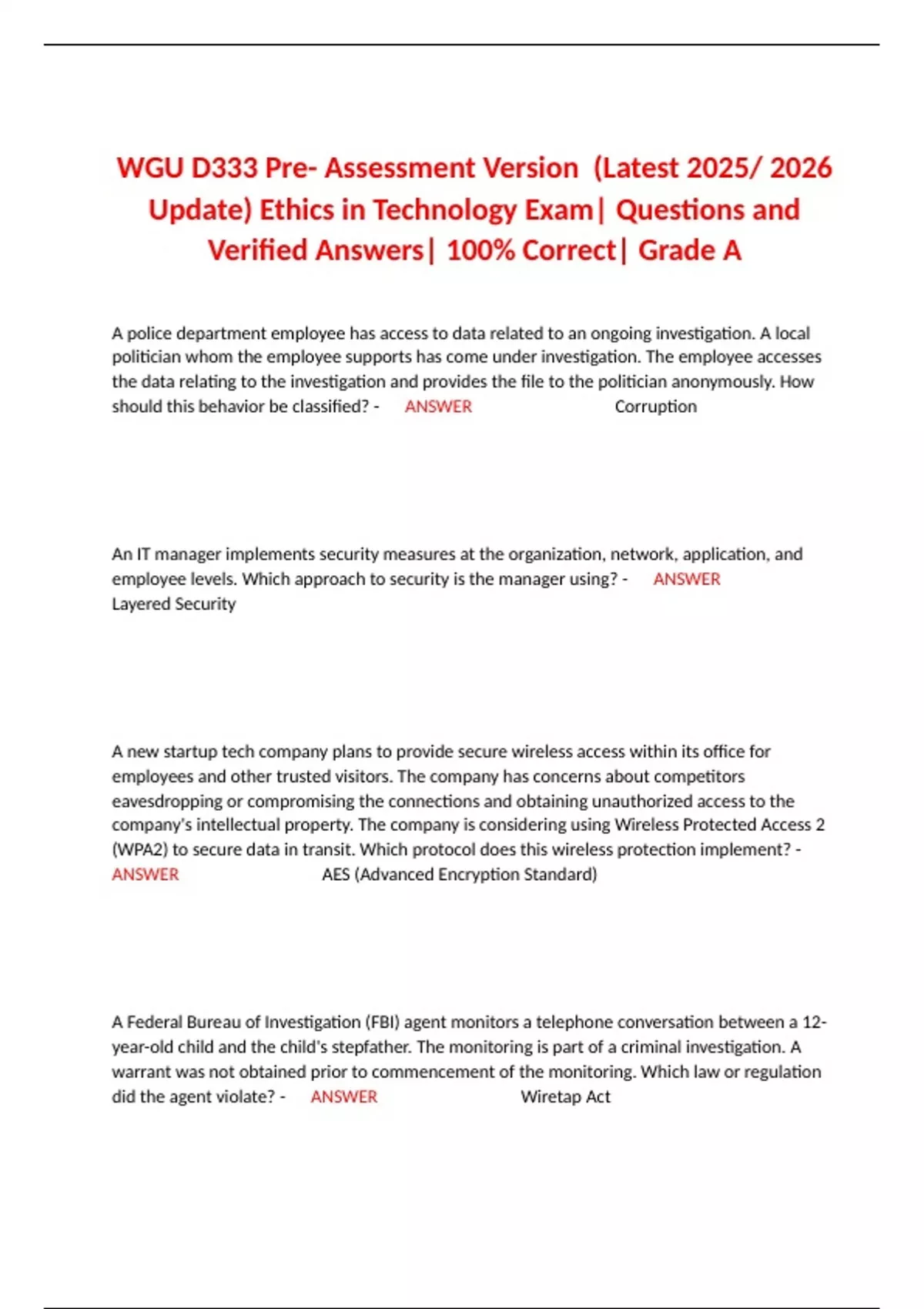WGU D333 Pre- Assessment Version (Latest 2025/ 2026 Update) Ethics in ...