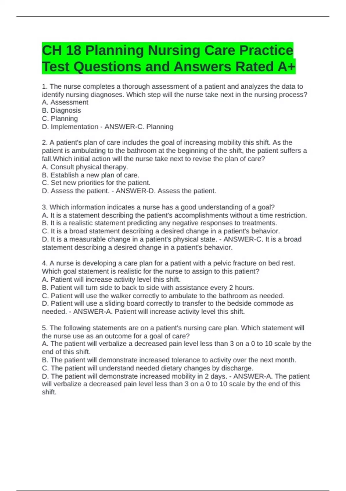 CH 18 Planning Nursing Care Practice Test Questions and Answers Rated ...