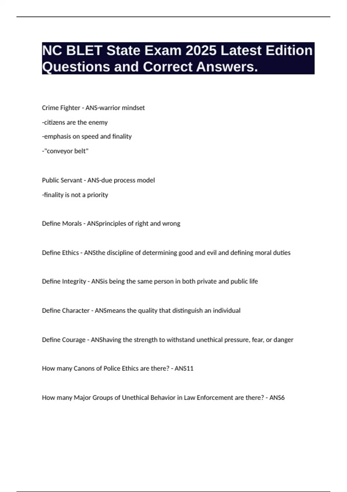 NC BLET State Exam 2025 Latest Edition Questions and Correct Answers ...