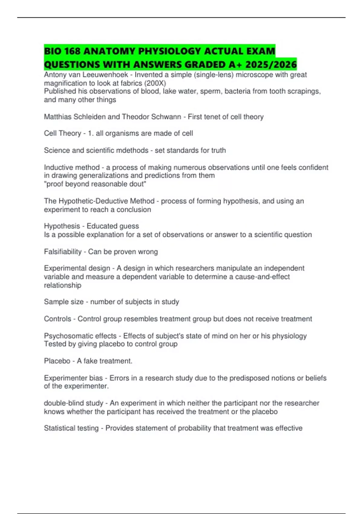 BIO 168 ANATOMY PHYSIOLOGY ACTUAL EXAM QUESTIONS WITH ANSWERS GRADED A+ ...