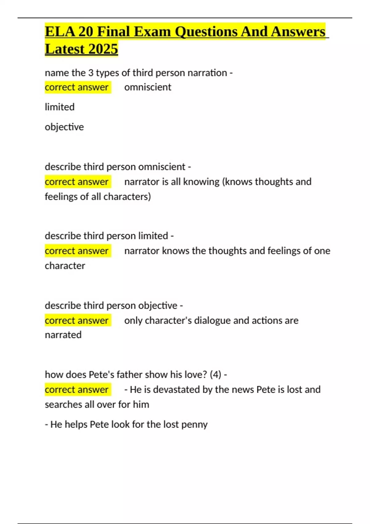 ELA 20 Final Exam Questions And Answers Latest 2025.docx - ELA. - Stuvia US