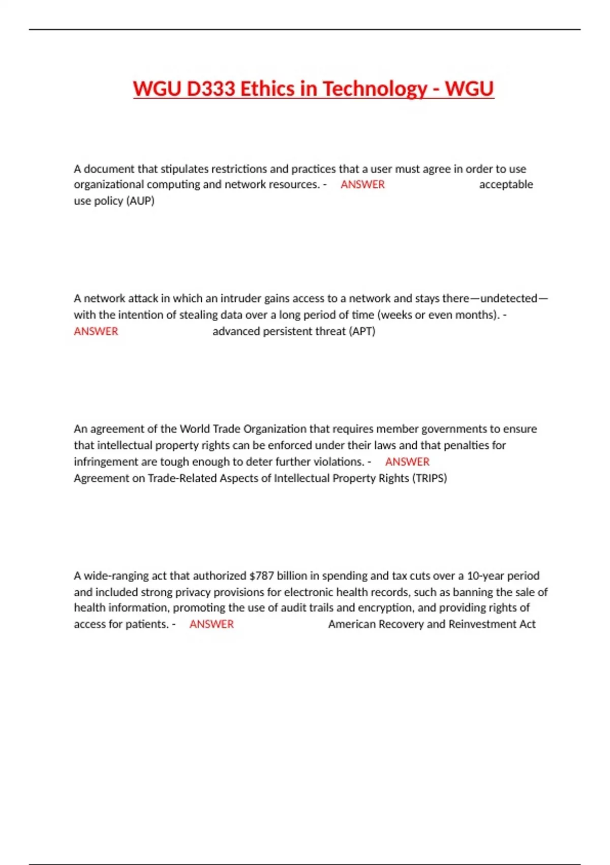 WGU D333 Pre- Assessment Version (Latest 2025/ 2026 Update) Ethics in ...