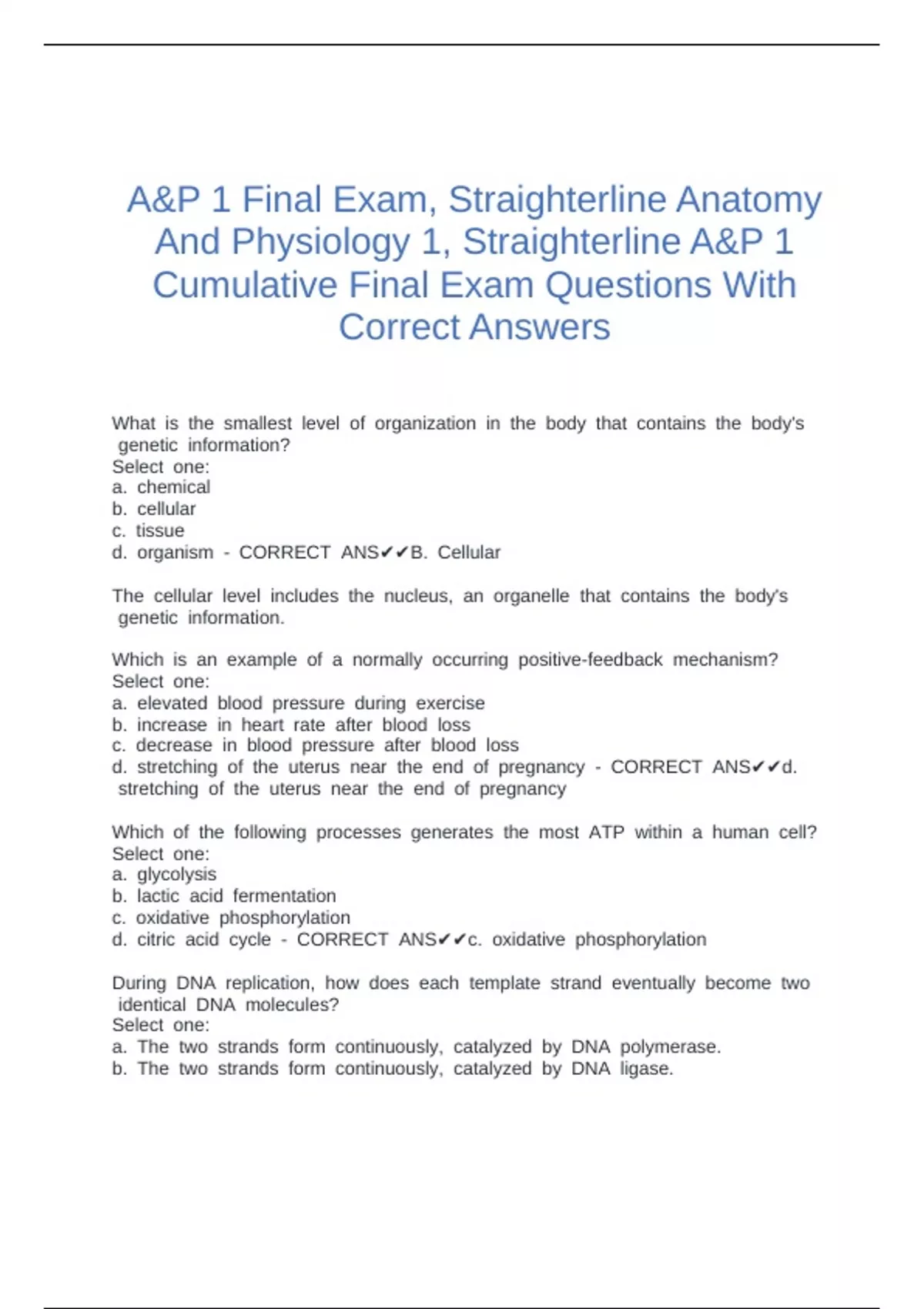 A&P 1 Final Exam, Straighterline Anatomy And Physiology 1 ...