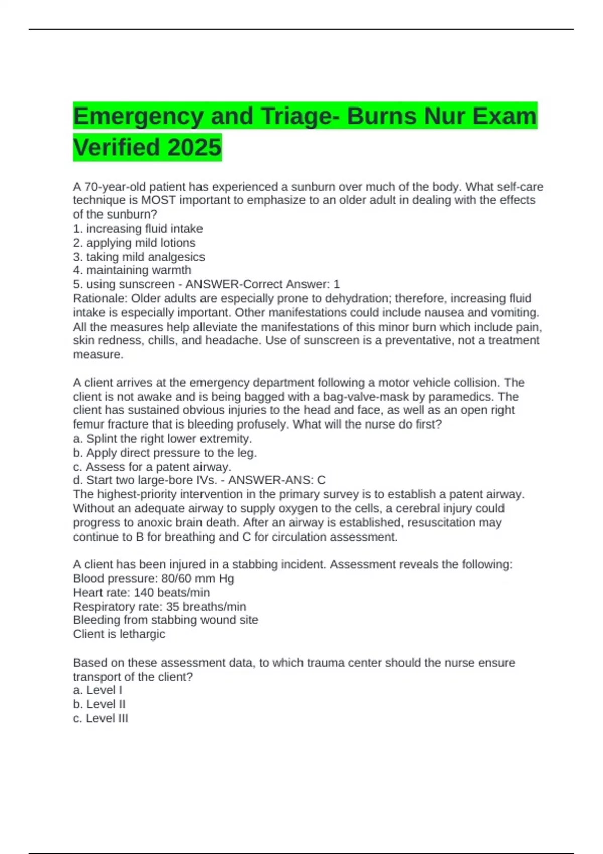 Emergency and Triage- Burns Nur Exam Verified 2025 - Emergency and ...