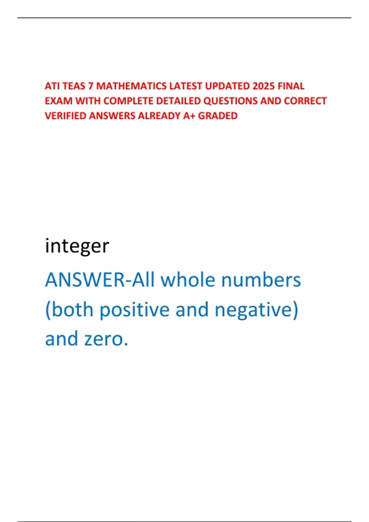 ATI TEAS 7 MATHEMATICS LATEST UPDATED 2025 FINAL EXAM WITH COMPLETE ...