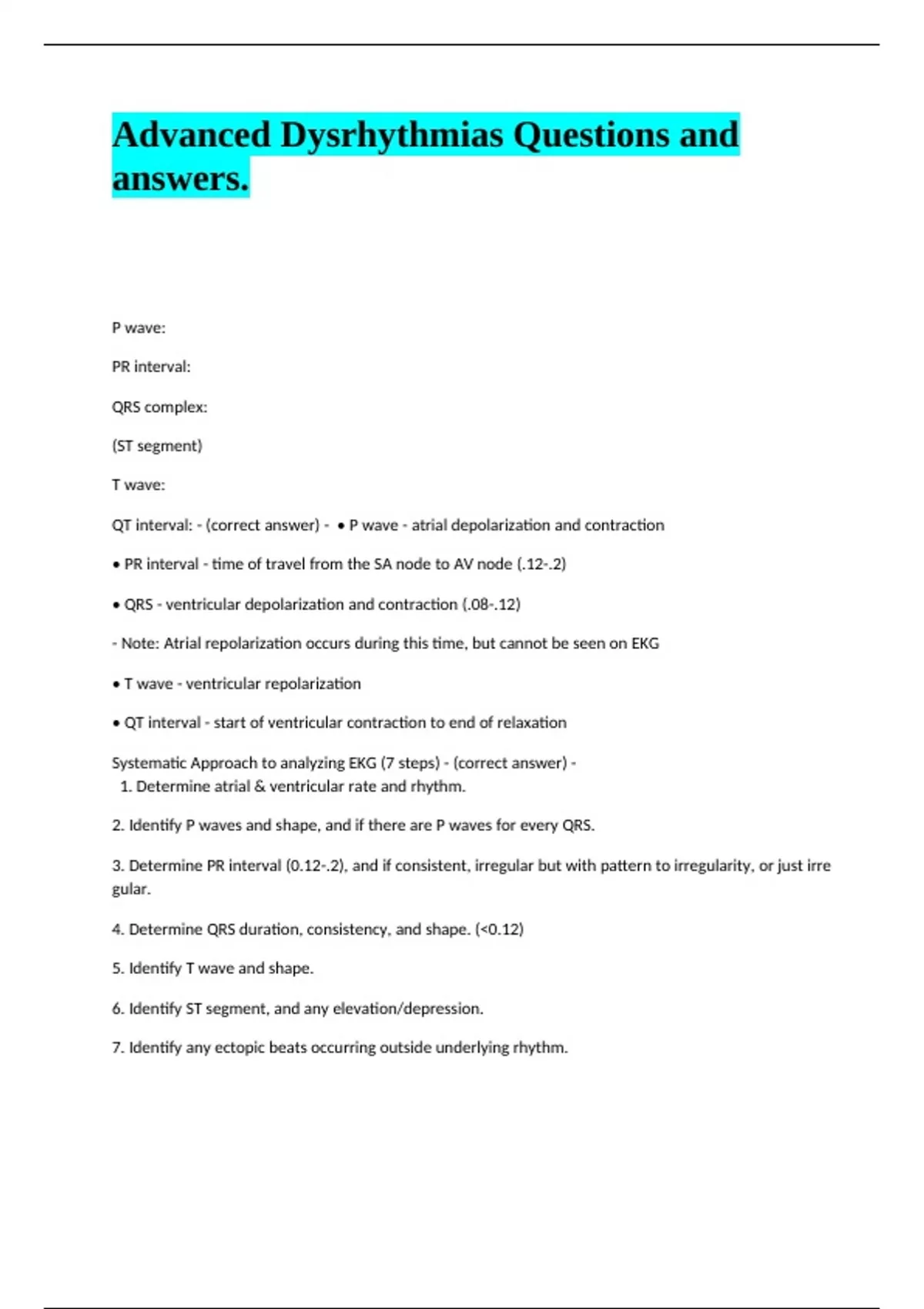 Advanced Dysrhythmias Questions and answers - Advanced dysrhythmia a ...