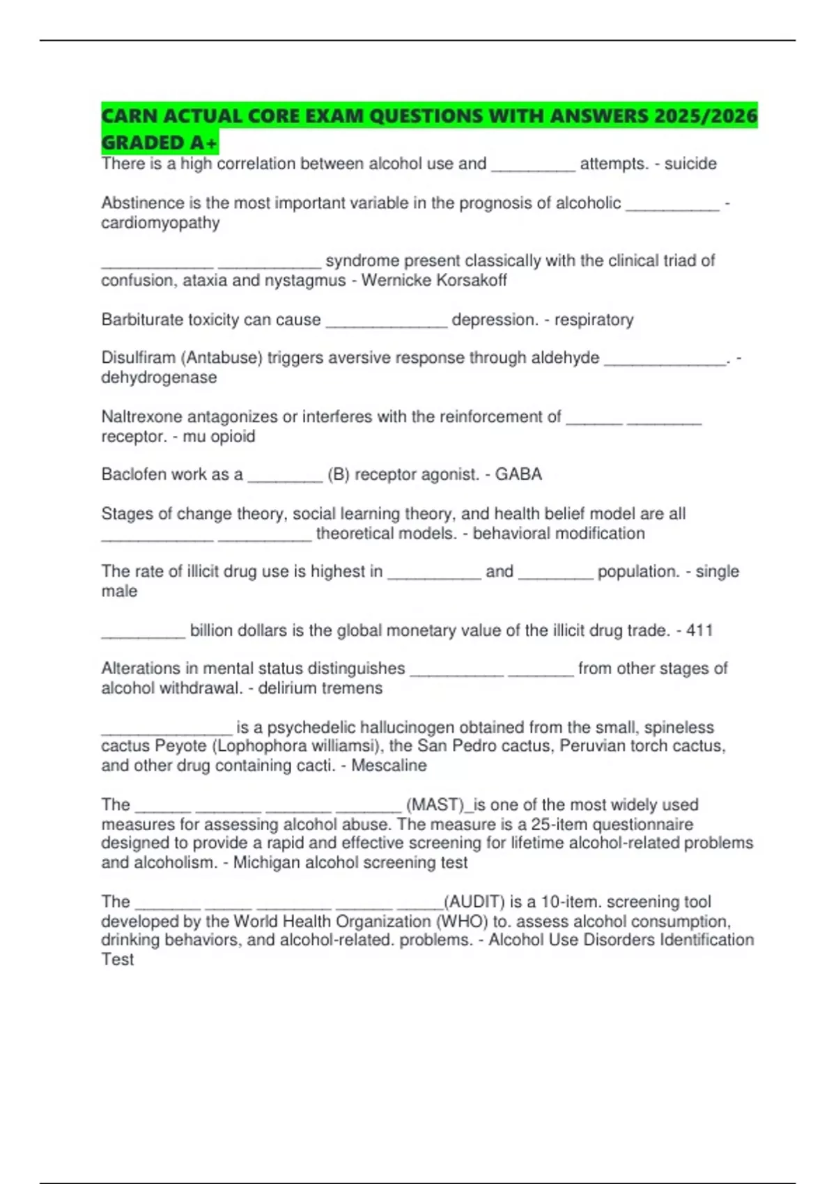CARN ACTUAL CORE EXAM QUESTIONS WITH ANSWERS 2025/2026 GRADED A+ - Carn ...
