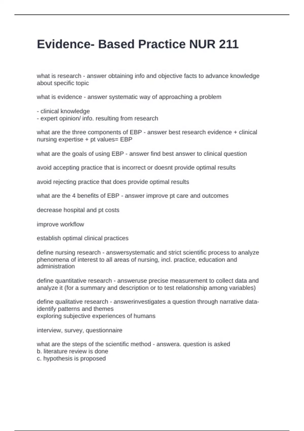 Evidence- Based Practice NUR 211 Questions and Answers 2025 - NUR 211 ...