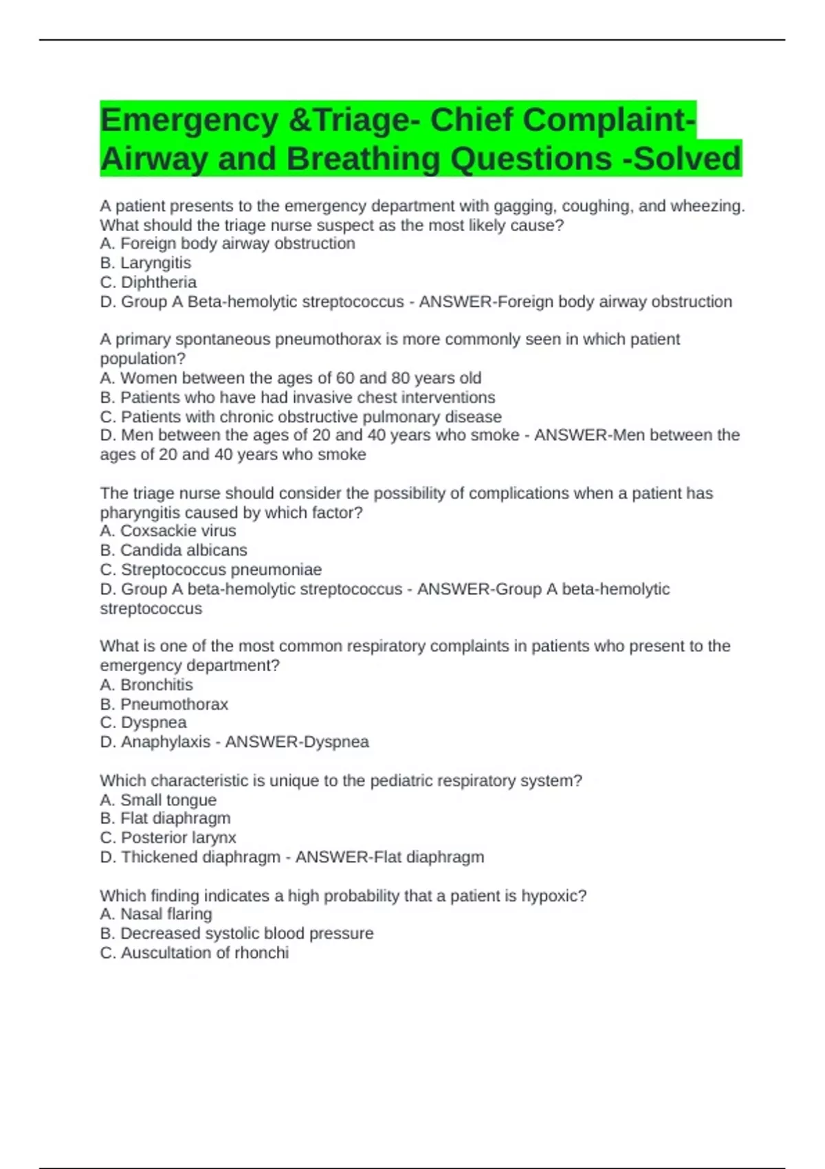 Emergency &Triage- Chief Complaint- Airway and Breathing Questions ...
