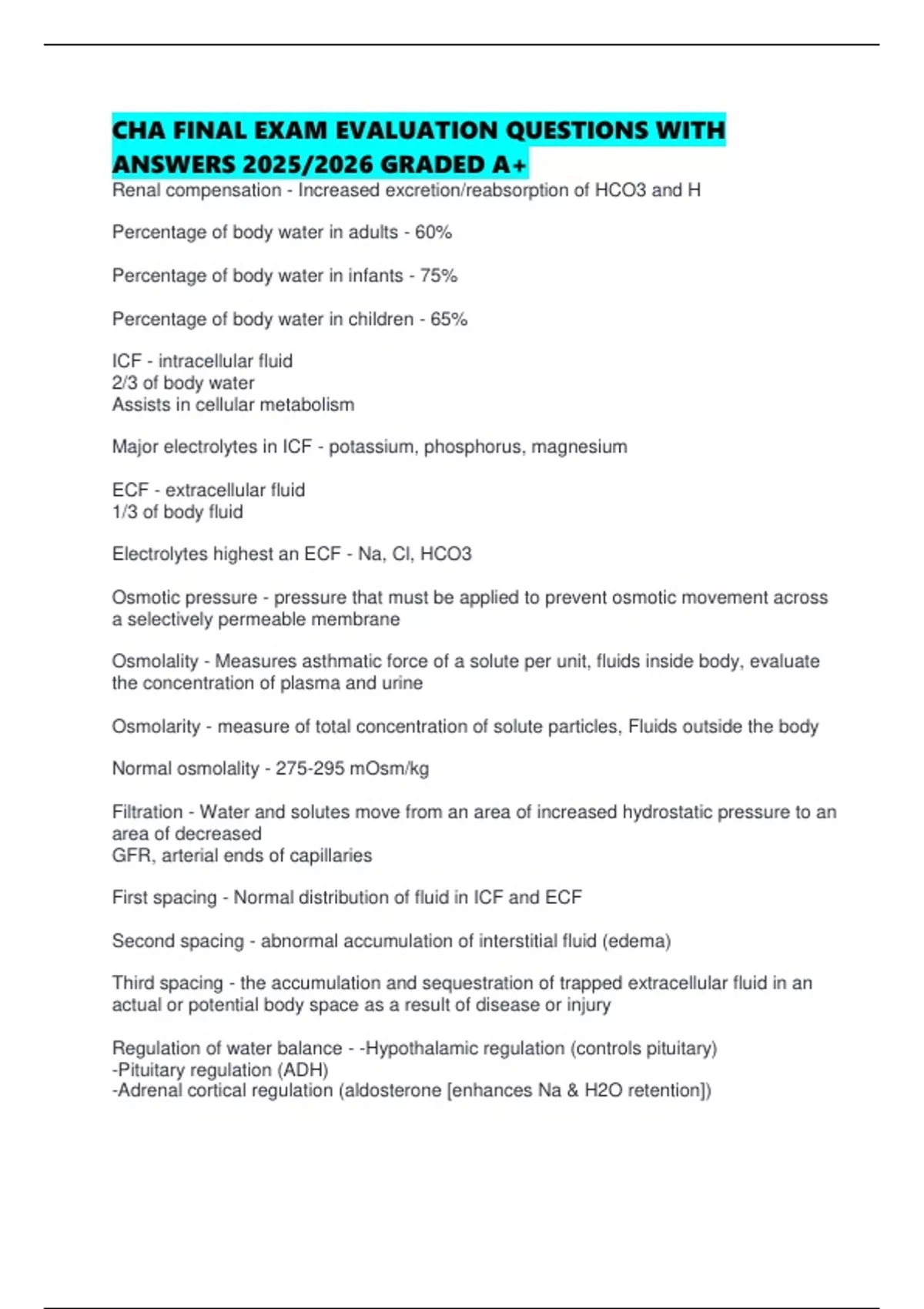 CHA FINAL EXAM EVALUATION QUESTIONS WITH ANSWERS 2025/2026 GRADED A+ ...