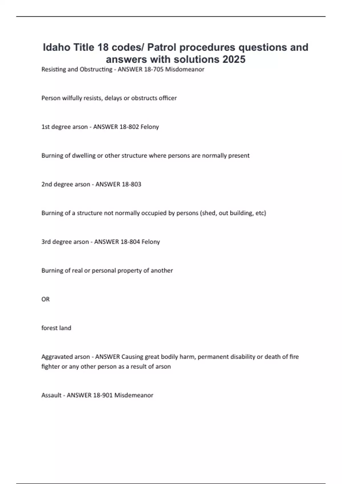 Idaho Title 18 codes/ Patrol procedures questions and answers with ...