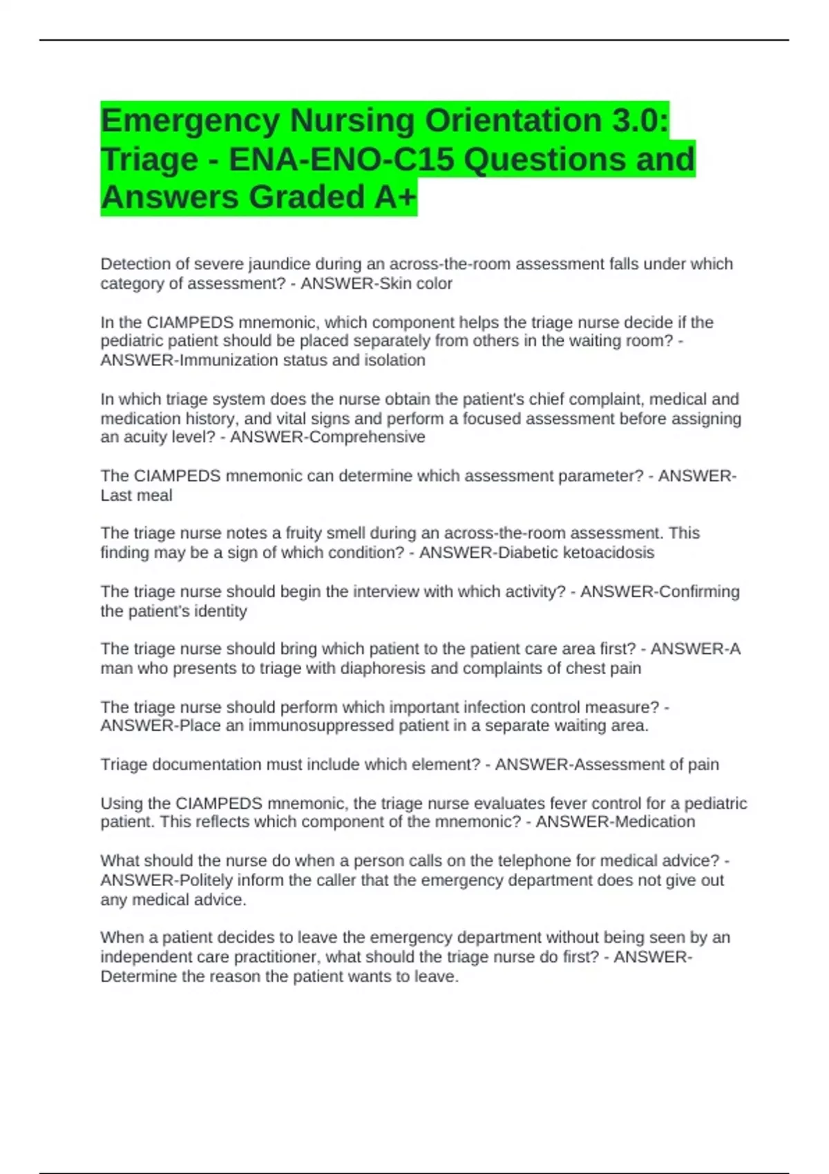 Emergency Nursing Orientation 3.0: Triage - ENA-ENO-C15 Questions and Answers Graded A+ ...