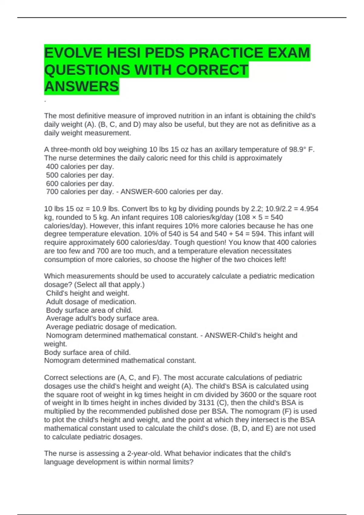 EVOLVE HESI PEDS PRACTICE EXAM QUESTIONS WITH CORRECT ANSWERS ...