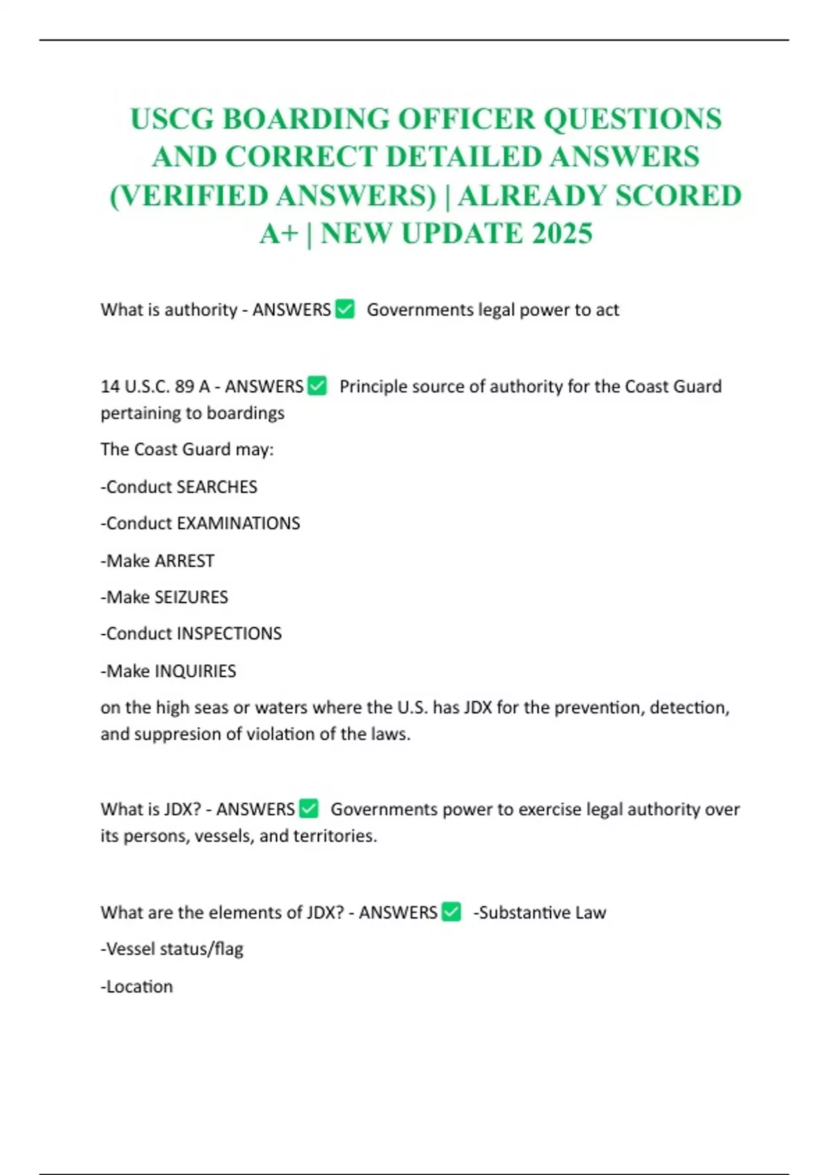 USCG BOARDING OFFICER QUESTIONS AND CORRECT DETAILED ANSWERS (VERIFIED ...