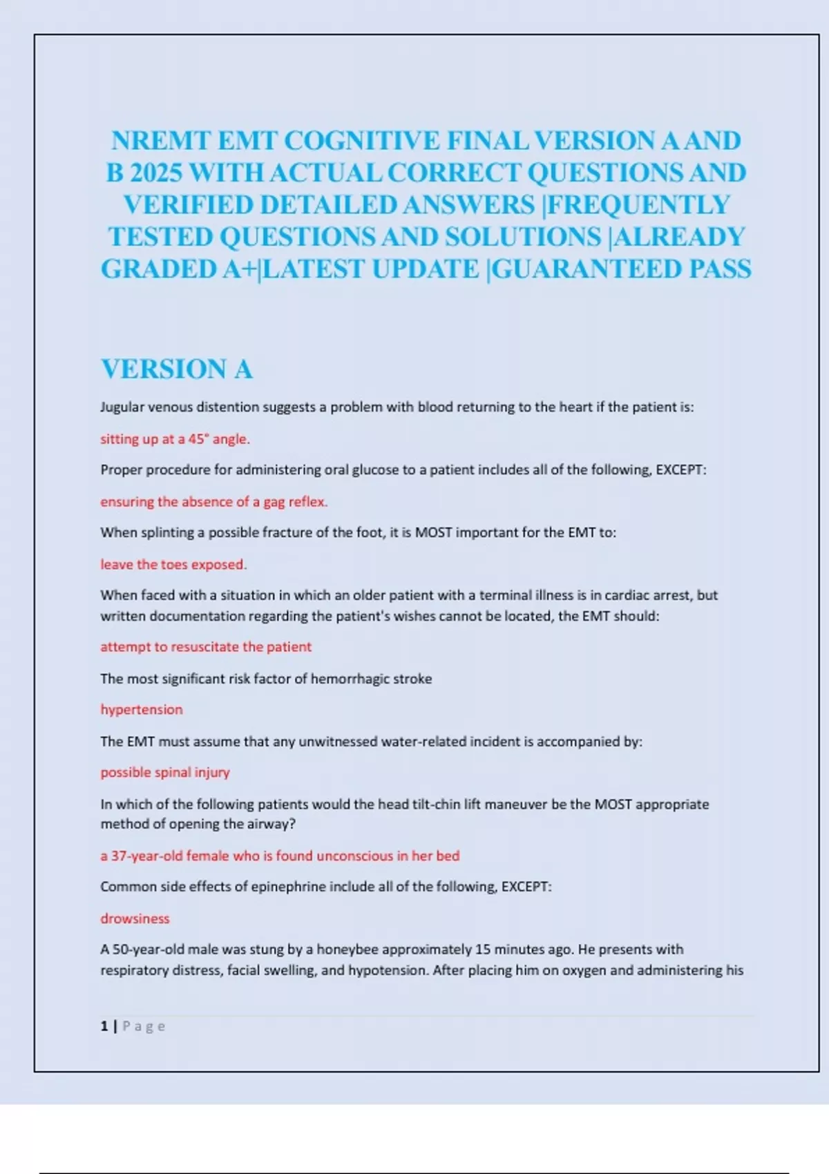 NREMT EMT COGNITIVE FINAL VERSION A AND B 2025 WITH ACTUAL CORRECT ...