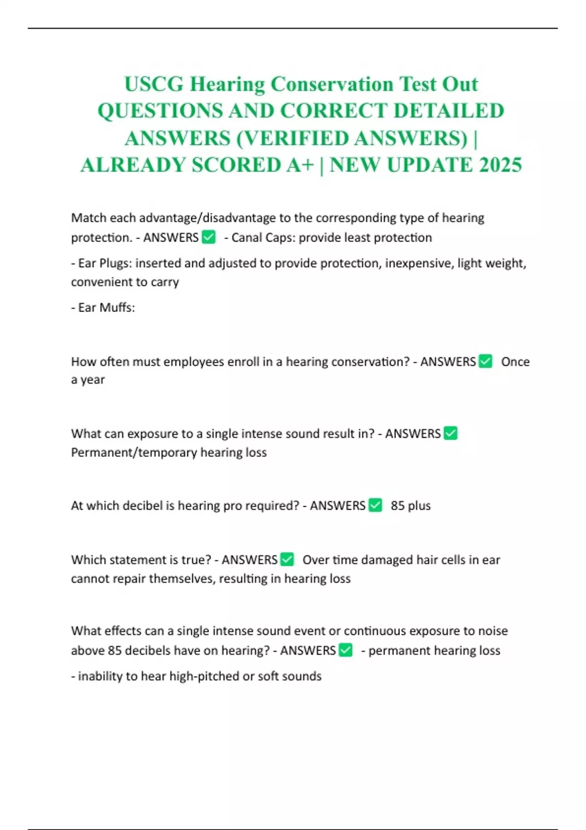 USCG Hearing Conservation Test Out QUESTIONS AND CORRECT DETAILED ...