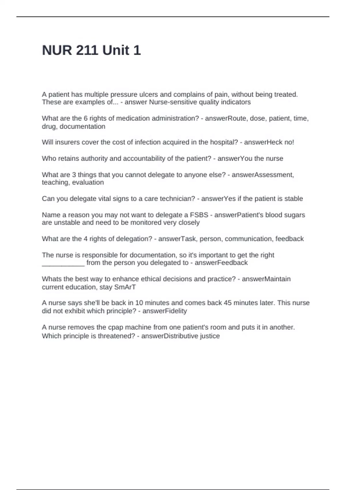 NUR 211 Unit 1 Questions and Answers 2025 - NUR 211 - Stuvia US