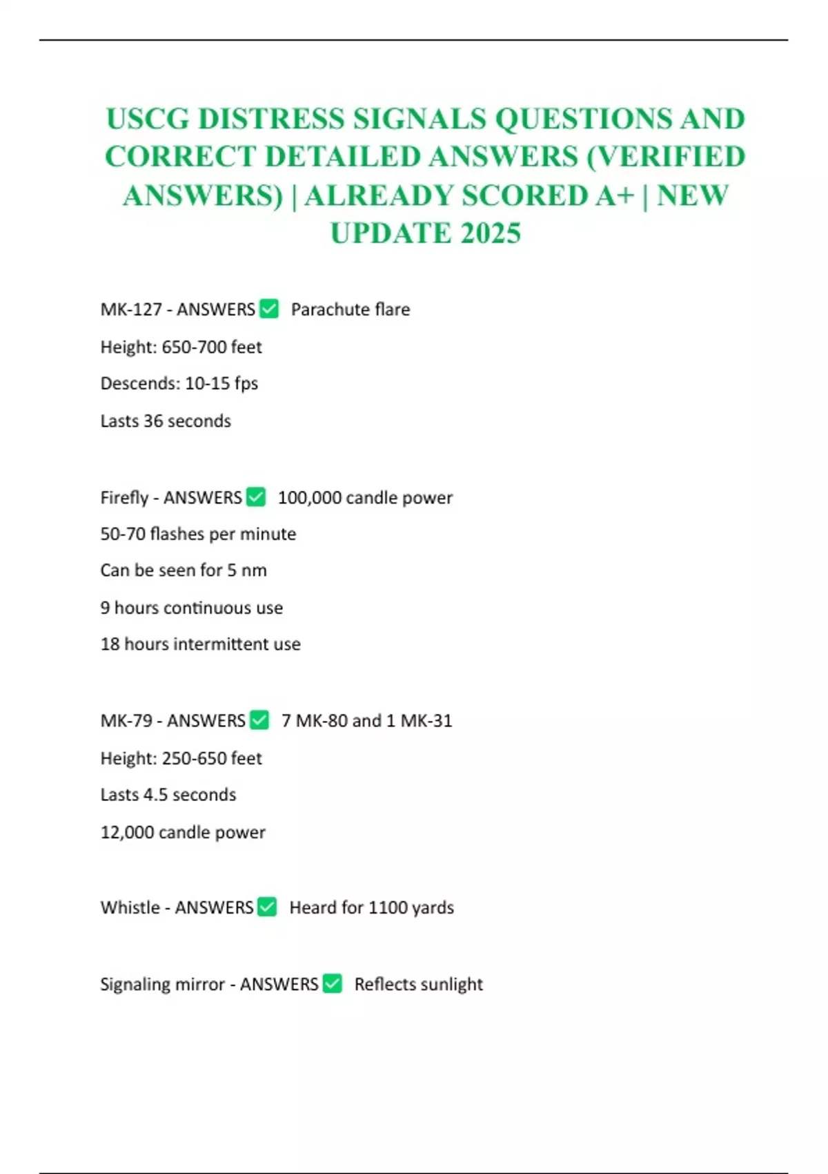 USCG DISTRESS SIGNALS QUESTIONS AND CORRECT DETAILED ANSWERS (VERIFIED ...