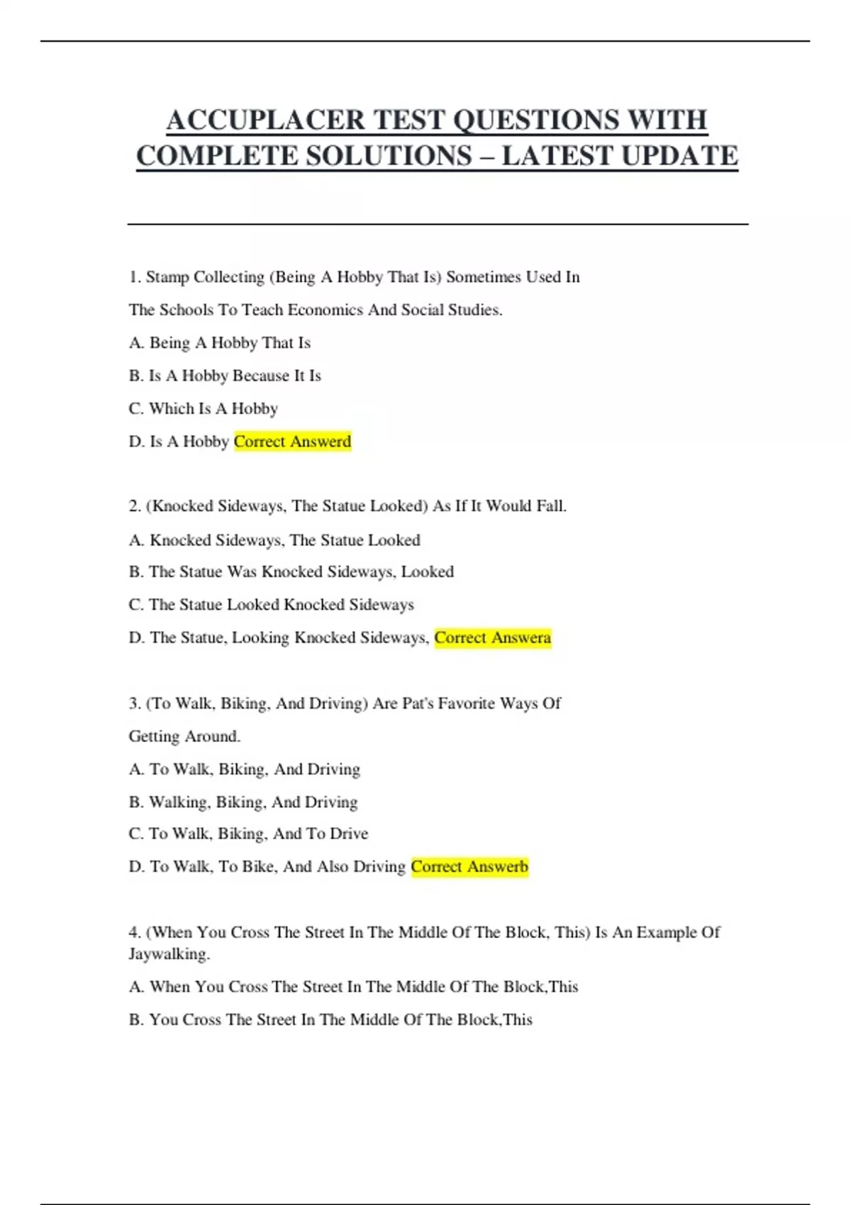 ACCUPLACER TEST QUESTIONS WITH COMPLETE SOLUTIONS – LATEST UPDATE ...