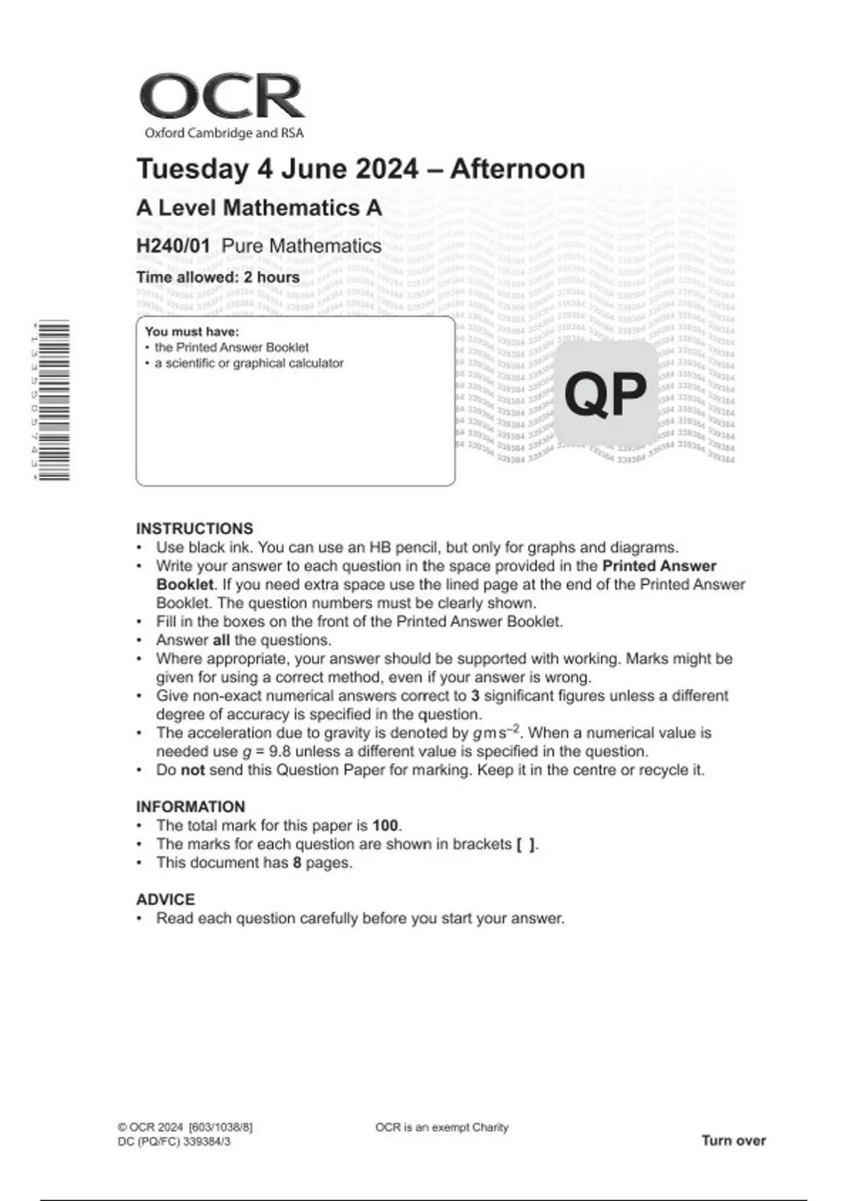 OCR A Level Mathematics A Paper 1, 2 and 3 JUNE 2024 QUESTION PAPERS ...