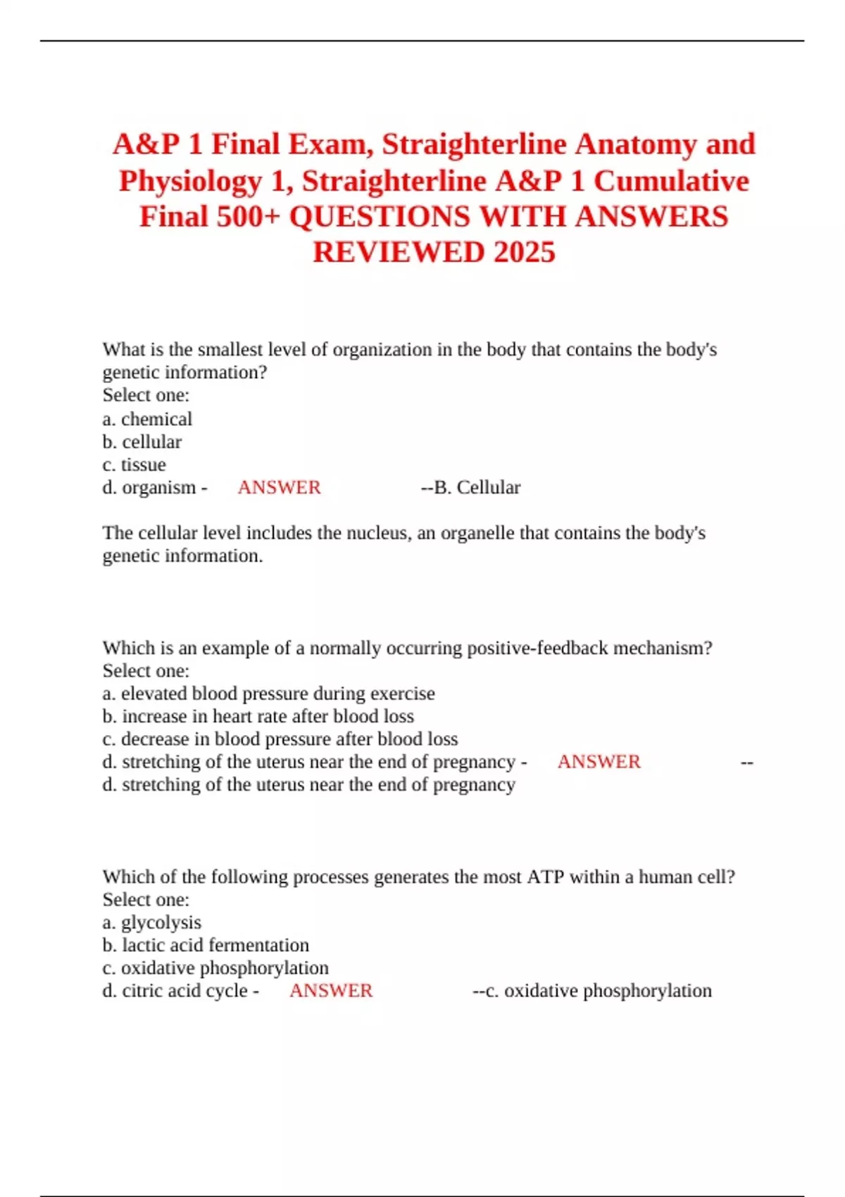 A&P 1 Final Exam, Straighterline Anatomy and Physiology 1 ...