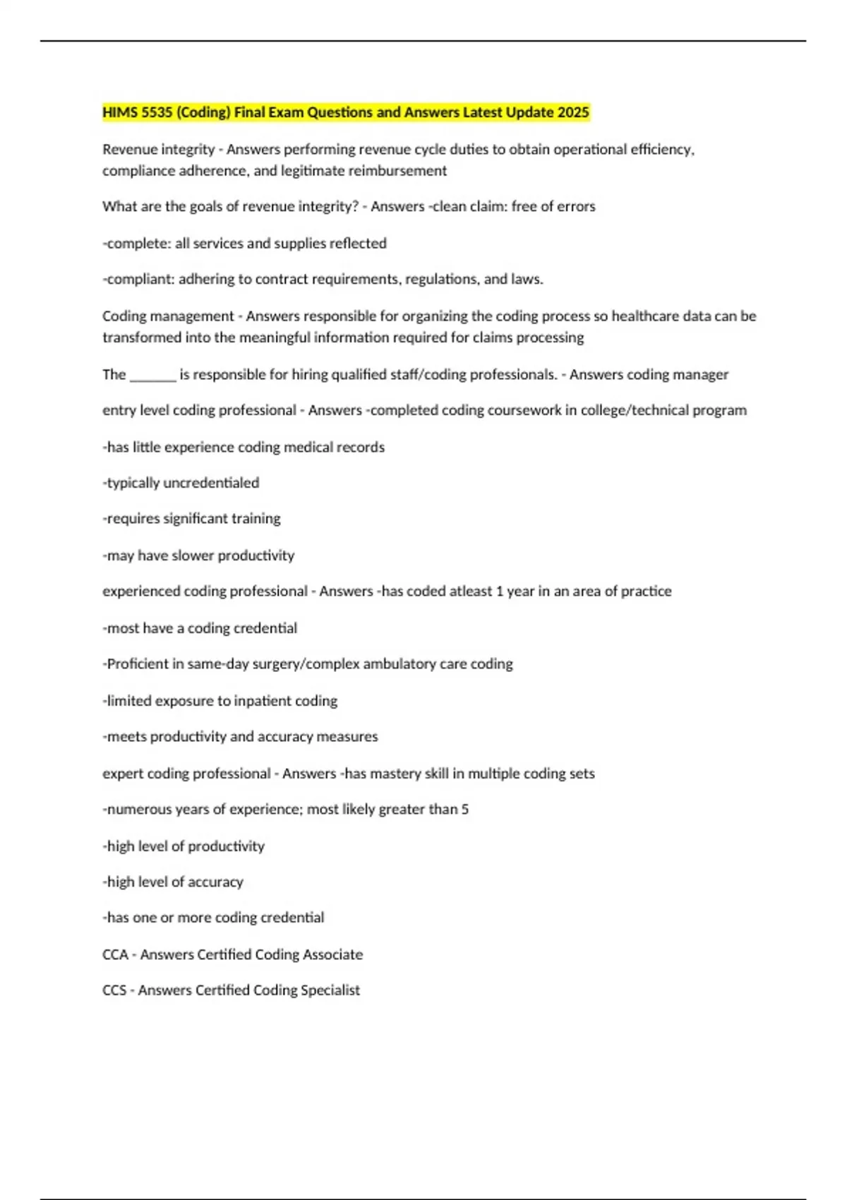 HIMS 5535 (Coding) Final Exam Questions and Answers Latest Update 2025 ...