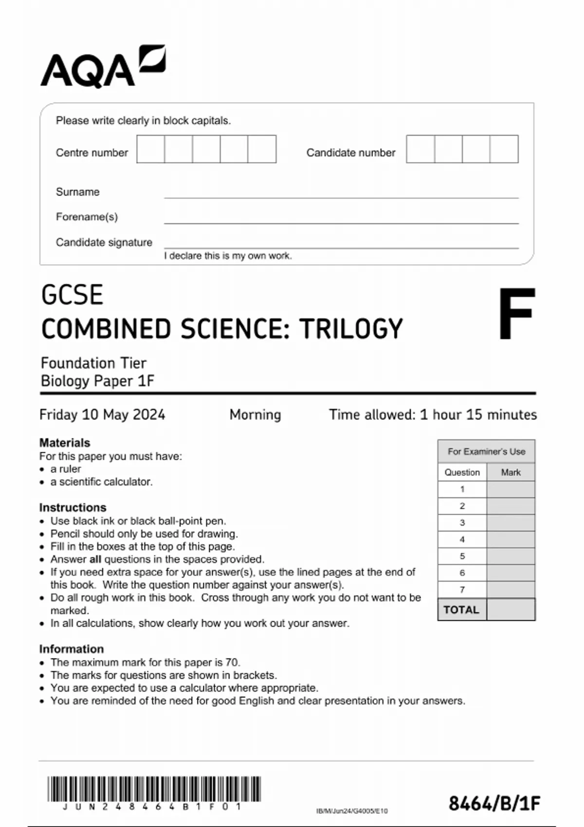 2024 AQA GCSE COMBINED SCIENCE: TRILOGY:BIOLOGY PAPER 1 AND 2 QUESTION PAPERS AND MARK SCHEMES ...